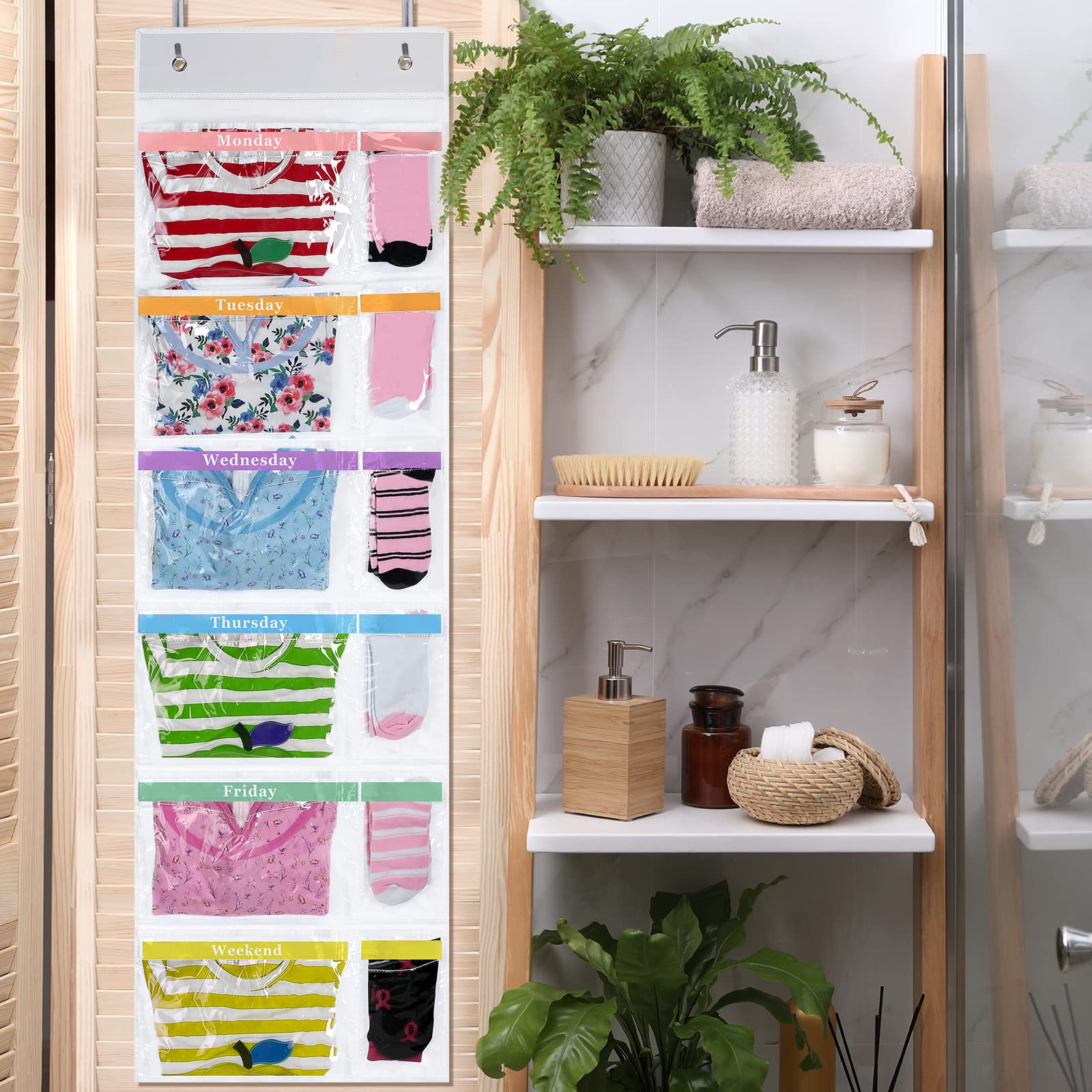 Woanger 6 Shelf Weekly Clothes Organizer for Kids, White, Polyester, Durable, Hanging, 150 x 45 cm