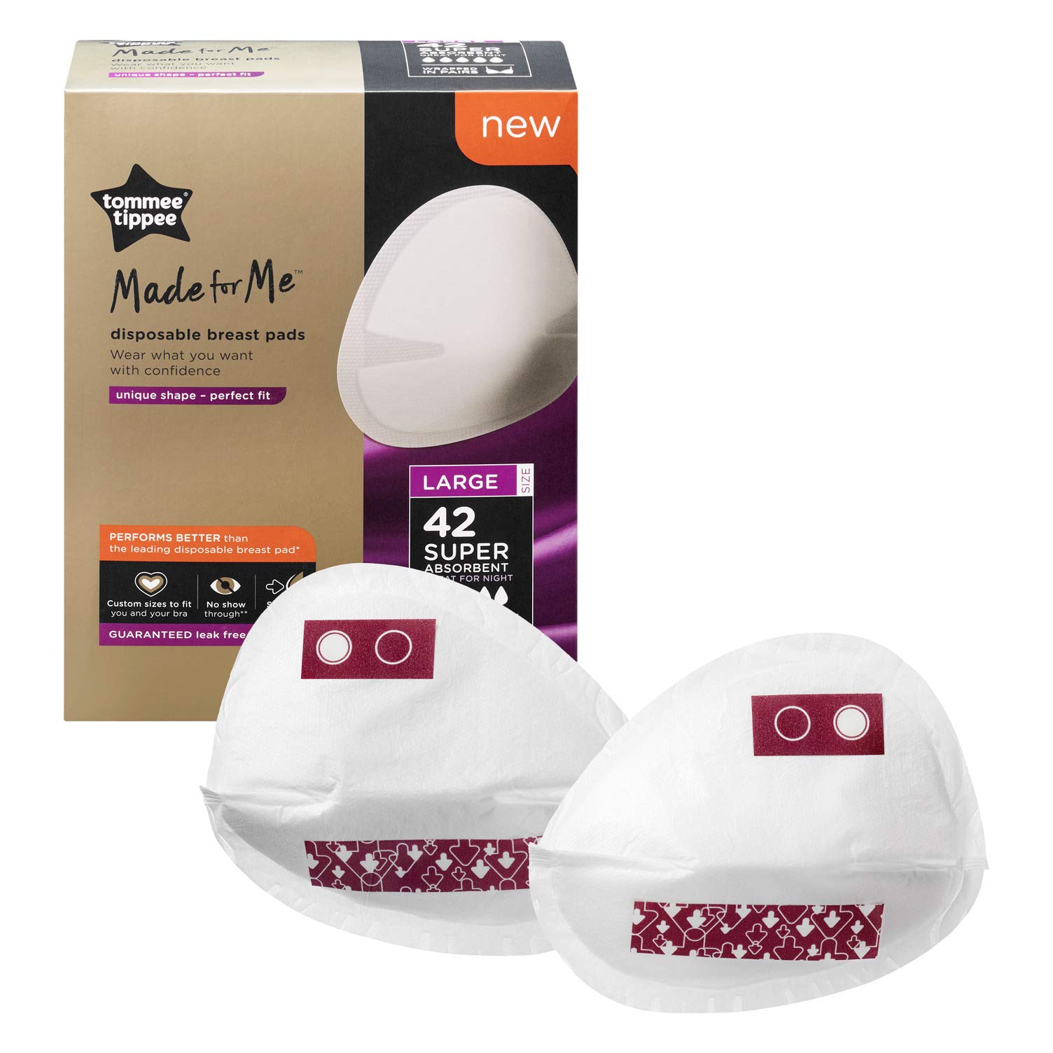 Tommee Tippee Made for Me Super Absorbent Disposable Breast Pads, Soft, Leak-Free, Contoured Shape, Adhesive Patch, Large, Pack of 100