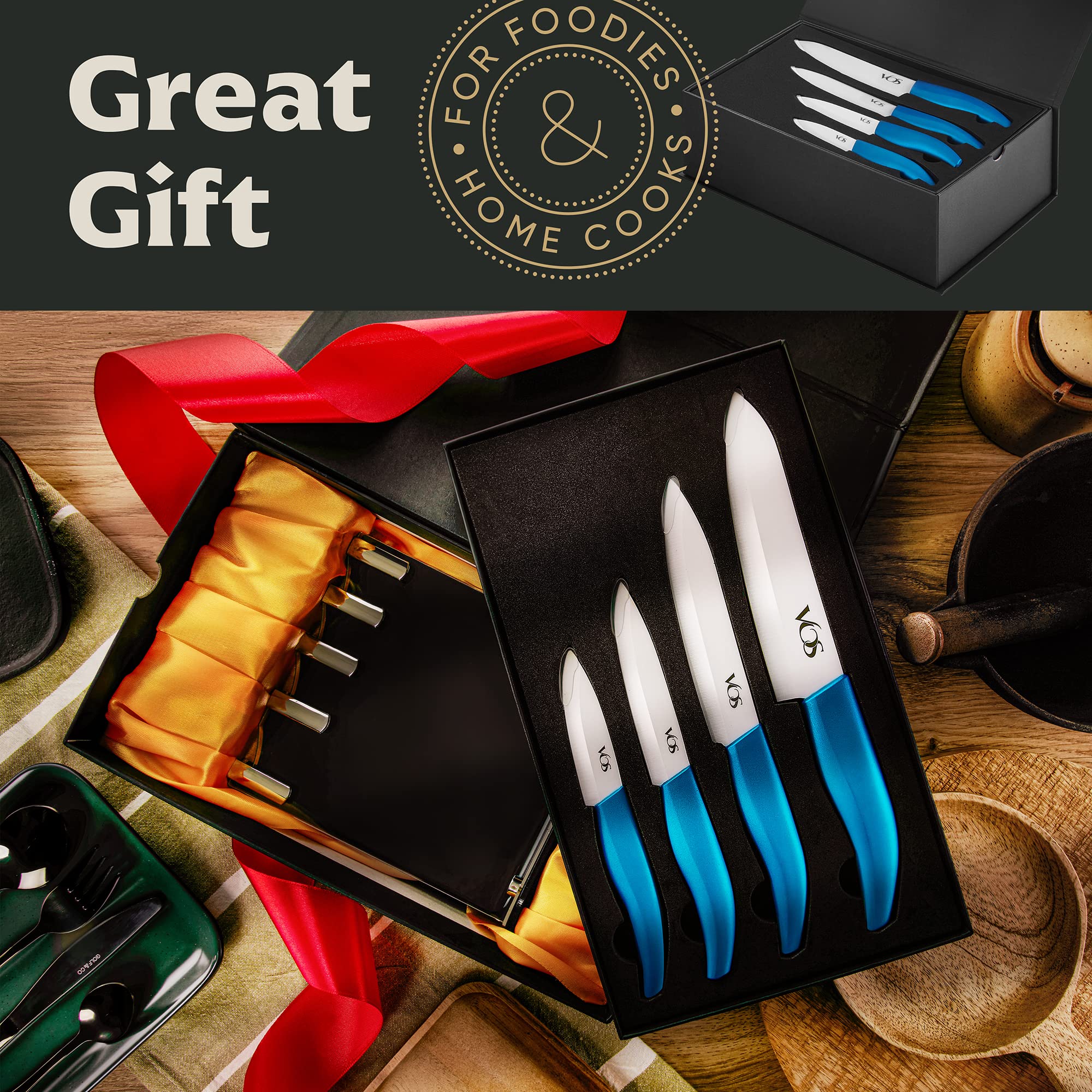 Vos Ceramic 4 Pcs Knife Set with Holder and Chef Knife