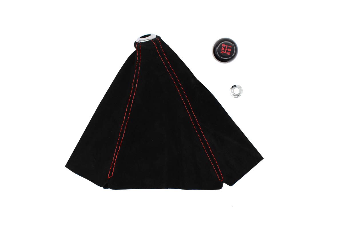 XtremeAmazing Black/Red Stitching Suede Manual Shifter Shift Boot Knob Cover + 5 Speed Manual Shift Knob with M10x1.5 Screw Nuts Adapter for JDM Honda Acura