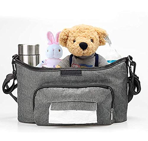 Universal Baby Stroller Organizer with Two Cup Holders Inside; Unique Tissue Bag at Front, and Detachable Shoulder Strap Attached.
