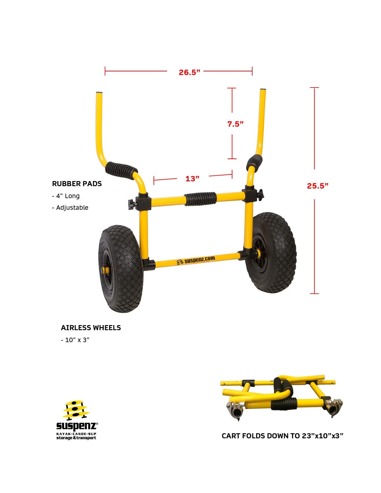 Suspenz Kayak Cart Trolley, Sit on Top SOT Adjustable Width Transport Carrier with No Flat Airless Wheels, Yellow, (22-0077)