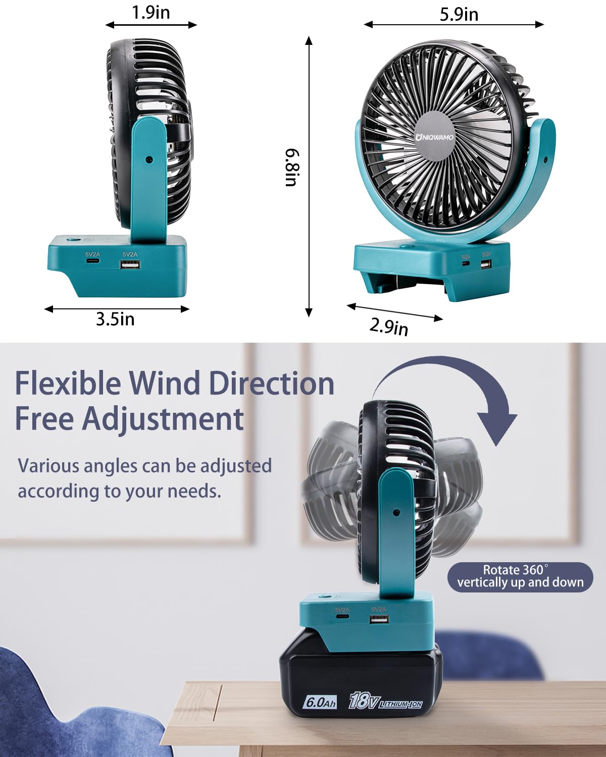Uniqwamo Portable Rechargeable Fan for Makita 18V BL1860 BL1850 Lithium-Ion Battery, Jobsite Battery Operated Fan with 3 Speeds Control,USB +Type C