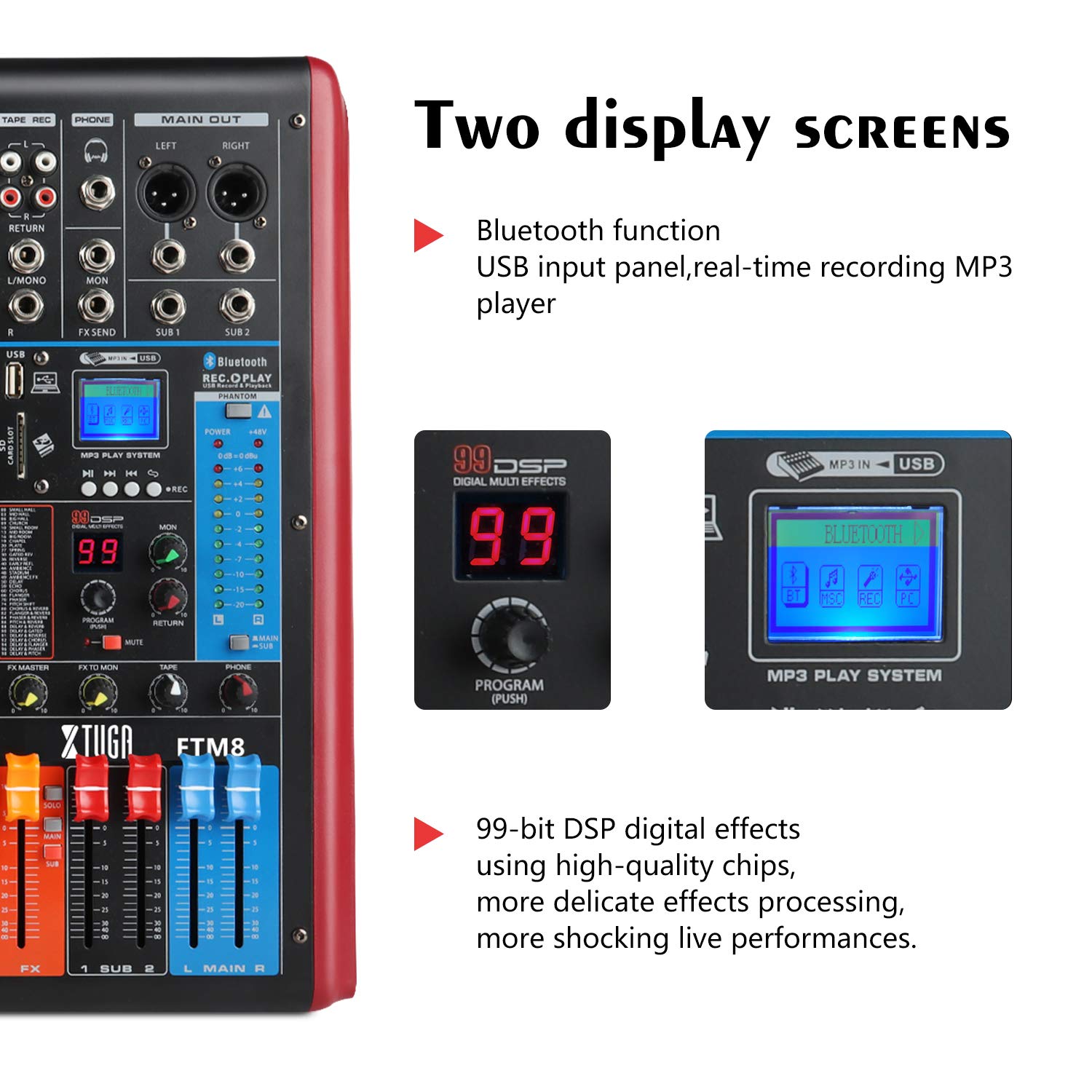XTUGA FTM8 8-Channel Professional Audio Mixer Sound Built-in 99-bit DSP Digital effect with Recordable function and Digital display MP3,Bluetooth,USB,EQ,Effects (8-Channel)