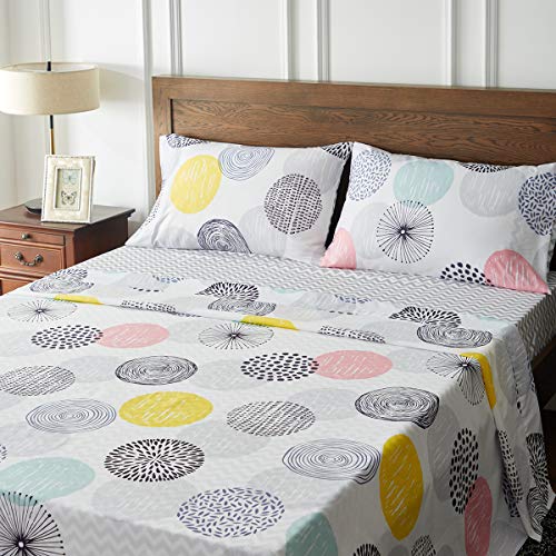 UOZZI BEDDING Printed 4 Pieces Girls Bed Sheets Set Queen Size 1500 Soft Brushed Microfiber Colorful Dots and Stripes Patterned Adult Bedding Set
