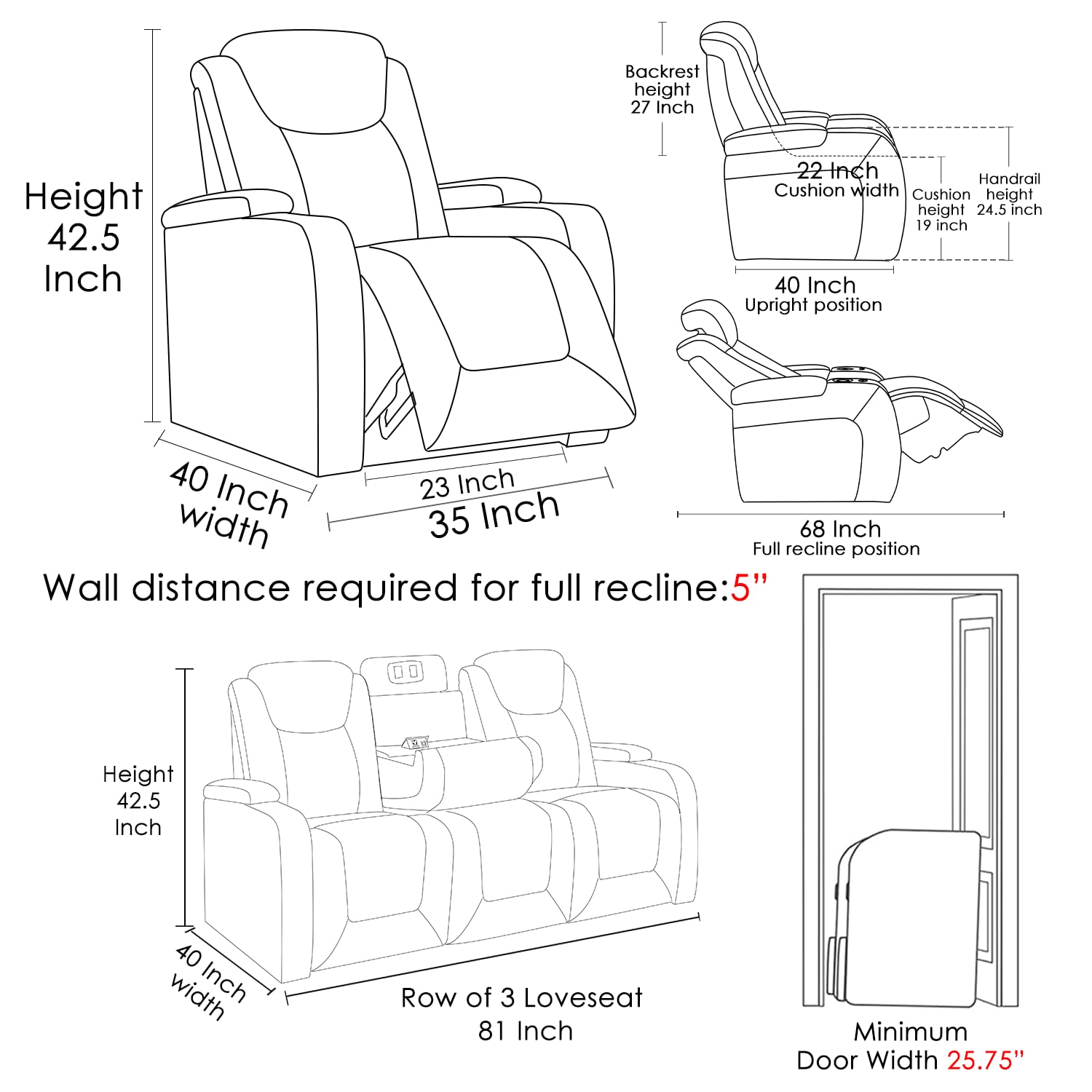 Weilianda Home Theater Seating Leather Moive Sofa Recliner Chair Type-C USB Charge and Wireless Charging Arm Storage with Tray Table - Black