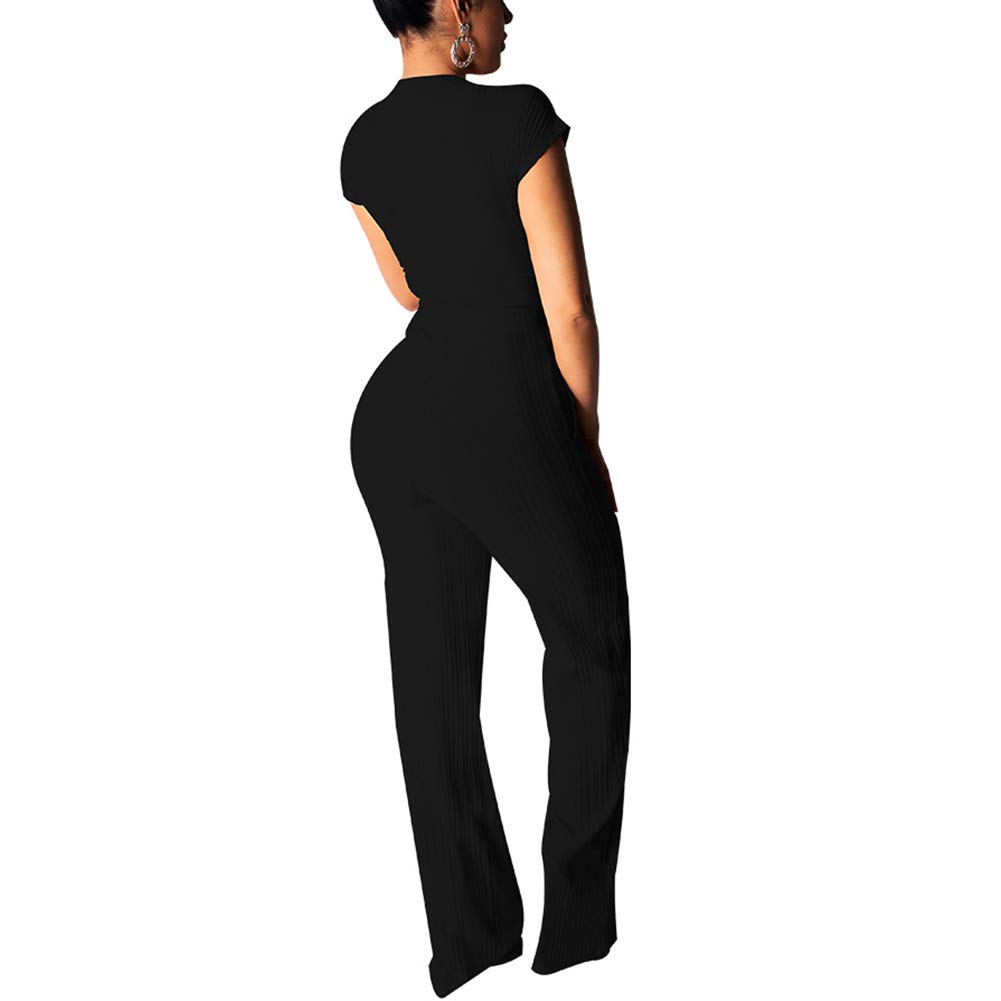 Women's 2 Piece Outfits Short Sleeve Crop Top High Waist Wide Leg Pants Set Sweater Jumpsuits Black S