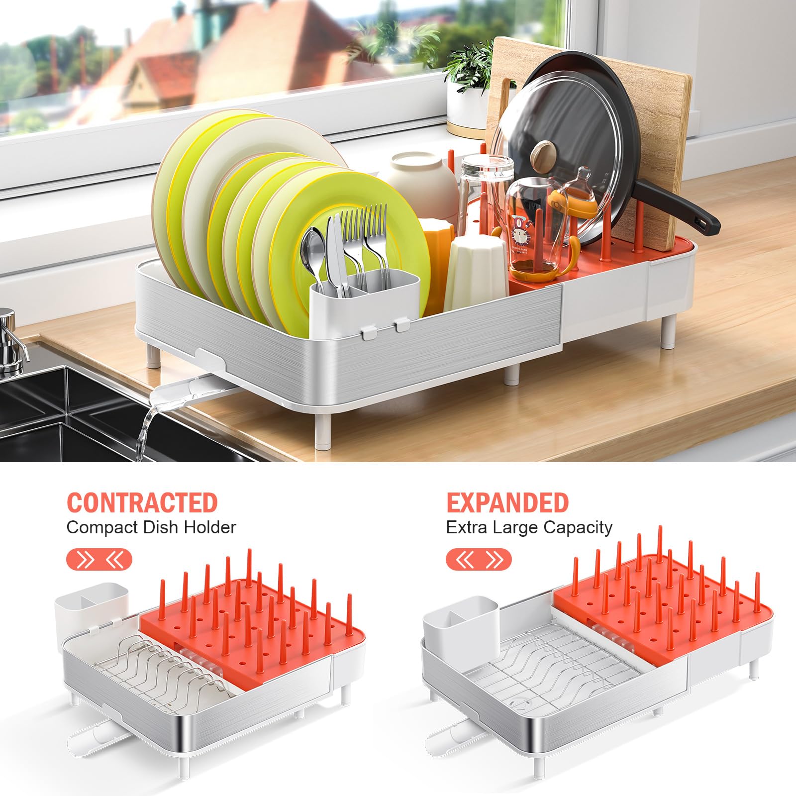 TOOLF Dish Rack, Extendable Dish Drainer, Modern Dish Drying Rack 2 in 1 Design. Expandable Drain Board in Sink, Stainless Steel Dish Racks for Kitchen Counter Utensils,Plates,Pans,Pots Organizer