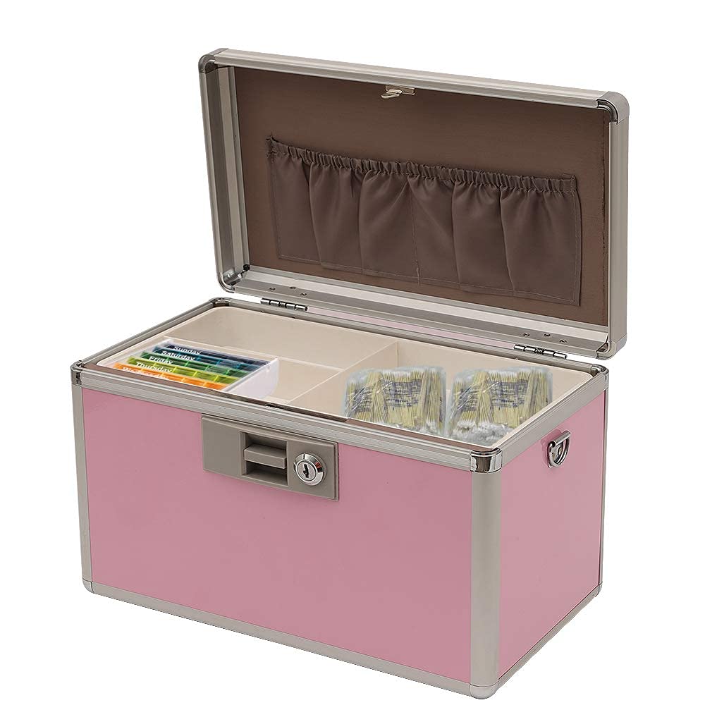xydstay Medicine Lock Box, First Aid Safe Medication Storage Box,Layered Aluminum Daily Medicine Cabinet,Large Capacity Locking Medicine Storage Box for Family Use,14" x 7.9" x 8.7", Pink