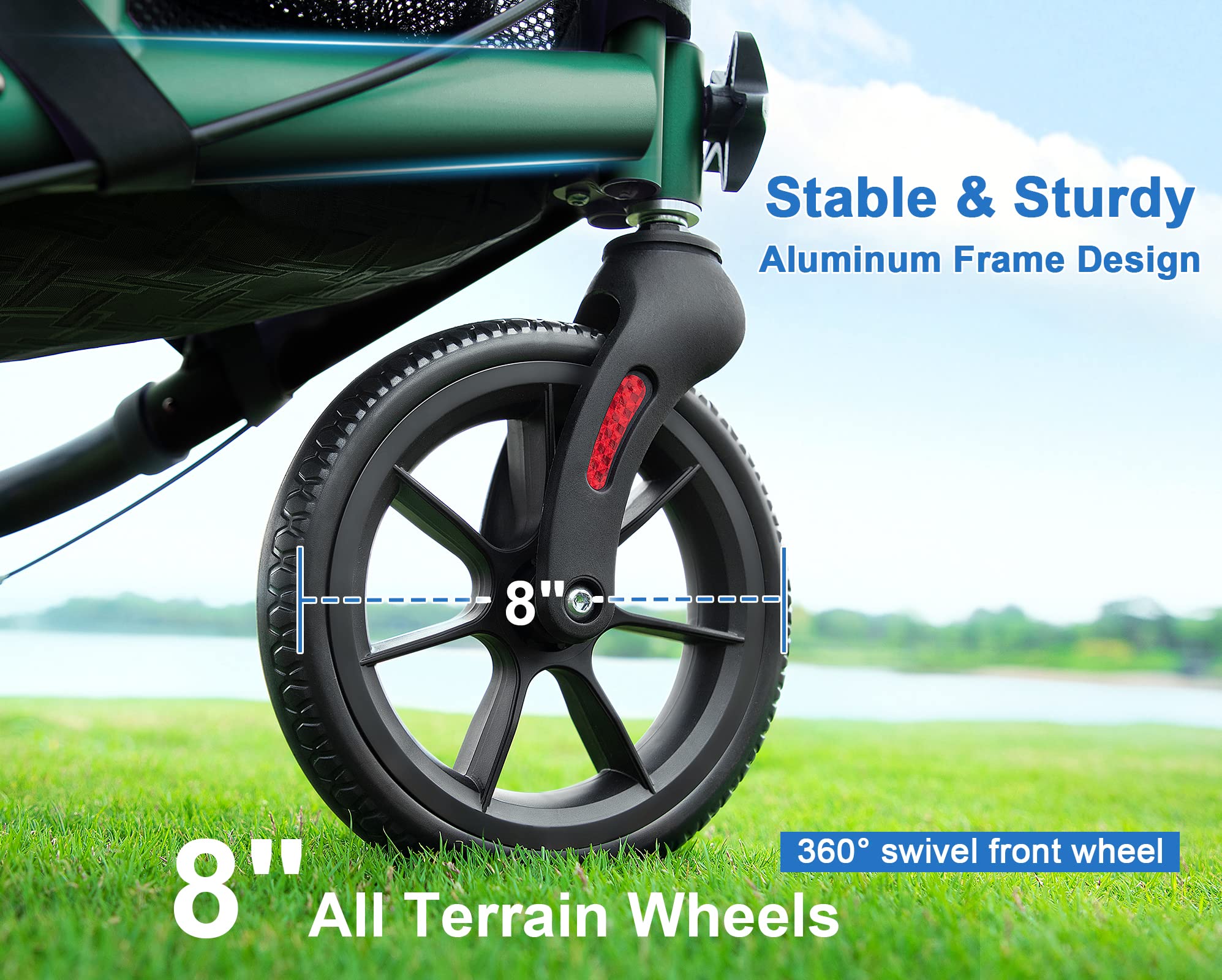 WALK MATE 3 Wheel Rollator Walker with Seat for Slim Seniors, Padded Backrest Lightweight Foldable Walker Ideal for Elderly, 8 Inch Tri-Wheel Modern Mobility Walking Aid Aluminum, Green