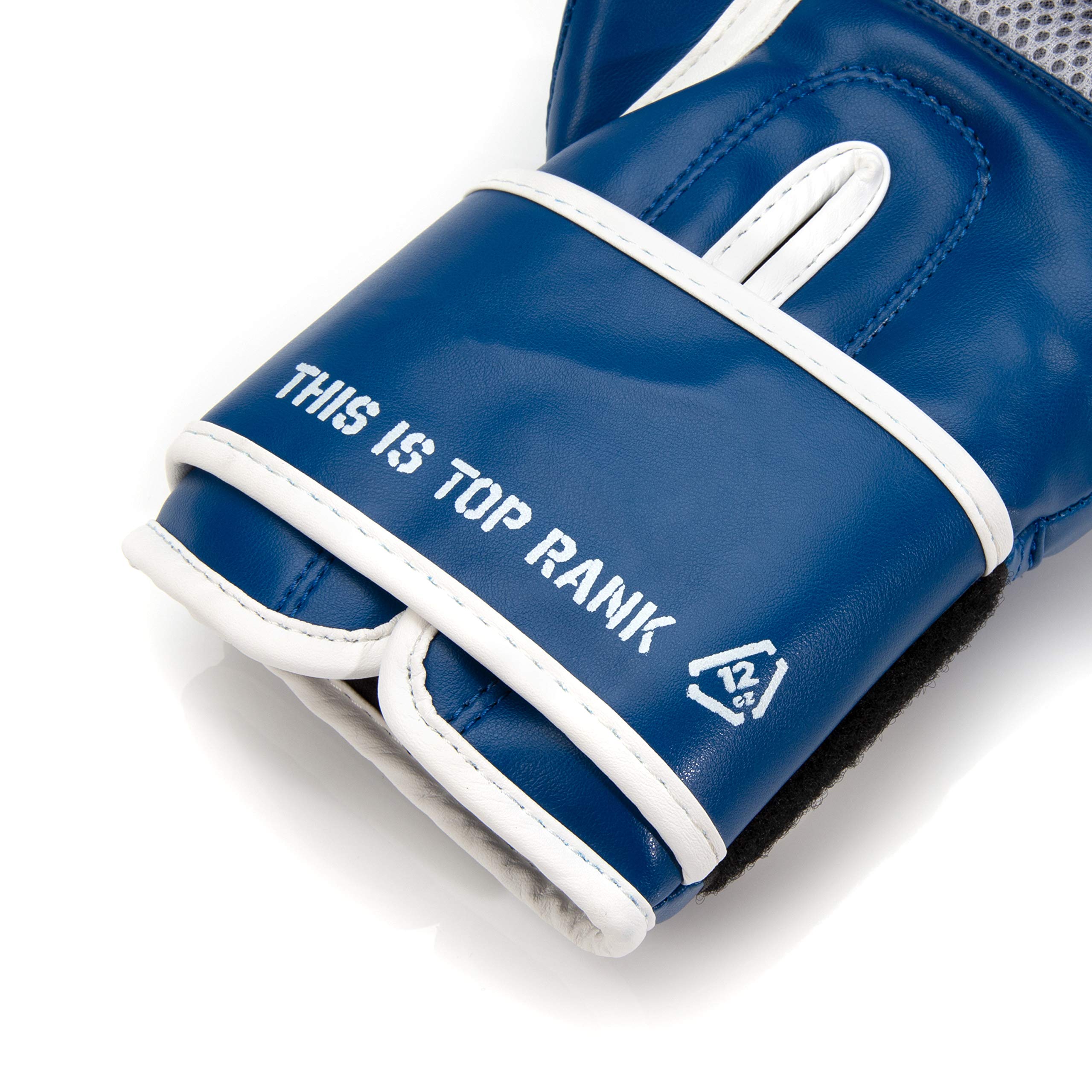 TOP RANK 12 oz. Contender Series Training Boxing Gloves, Molded Padding, Durable Synthetic Leather Shell, Mesh Palm, Hook and Loop Secured Pull Tab Closure, Blue with White Trim, Mesh Glove Bag