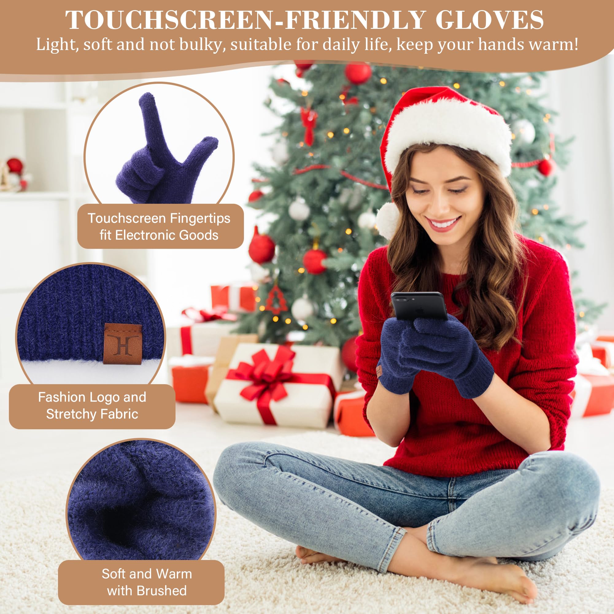 Womens Winter Warm Beanie Hat Touchscreen Gloves Long Scarf Set Ribbed Cable Knit with Fleece Lined Skull Pom Caps