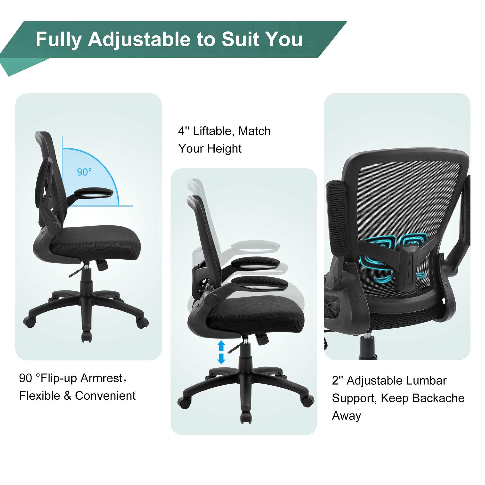 Upgraded Ergonomic Office Chair, Home Office Chair with Adjustable Lumbar Support, Ergonomic Desk Chair with Flip-up Armrests, Mesh Computer Chair with High Resilience Thickened Cushion, Black
