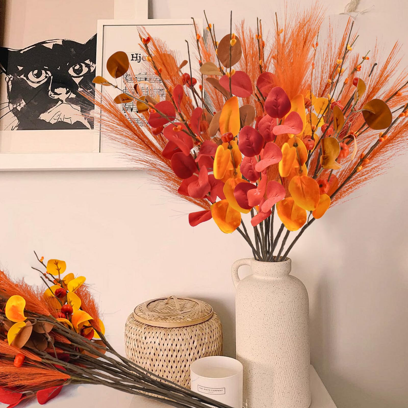 unlemoni 12Pcs 27.5" Artificial Fall Flowers Bouquets with Burnt Orange Pampas Grass & Berry Pumpkin & Fall Eucalyptus Leaves Stems, Fall Centerpieces for Tables Wedding Autumn Thanksgiving Decor