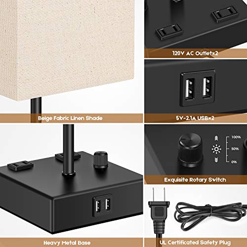 Upgraded Fully Dimmable USB Bedside Table Lamp Set of 2, Nightstand Table Lamps with 2 USB Charging Ports 2 AC Outlets, Square Fabric Shade Modern Desk Lamp Set for Bedroom Living Room, Bulbs Included