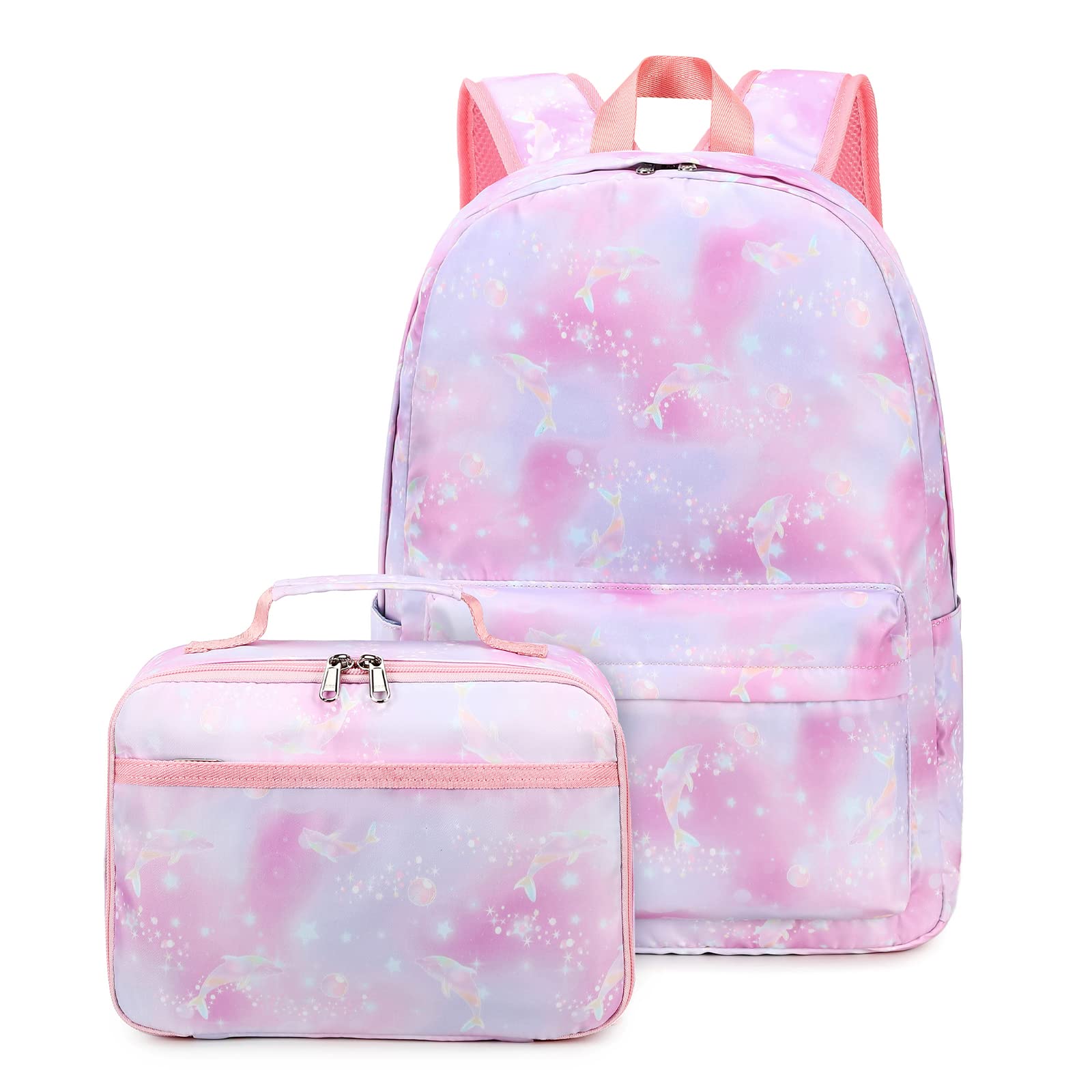 YCBB Kids Backpacks for Girls Dolphin School Bookbags Set with Lunch Tote Bag Lightweight Preschool Kindergarten Elementary School Backpacks