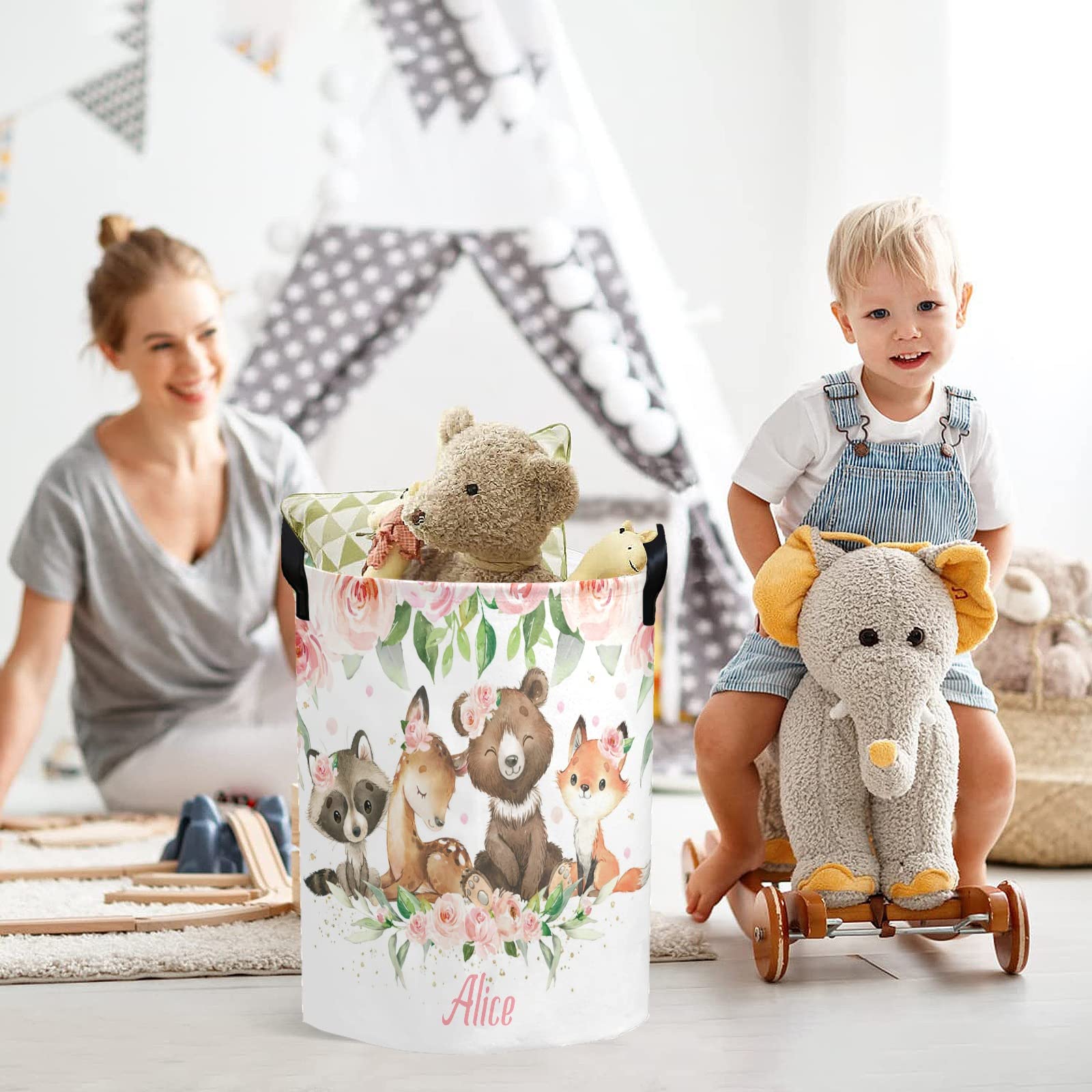 zaaprintblanket Laundry Basket Customized Name Organizer Storage Round Baskets Foldable Laundry Hamper with Handle for Nursery Bedroom Decor (Woodland Animals Pink Blush Floral)