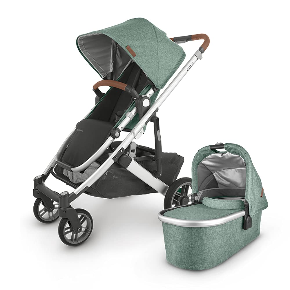 UPPAbaby Cruz V2 Stroller - Emmett (Green Melange/Silver/Saddle Leather) + Bassinet - Emmett (Green Melange/Silver)