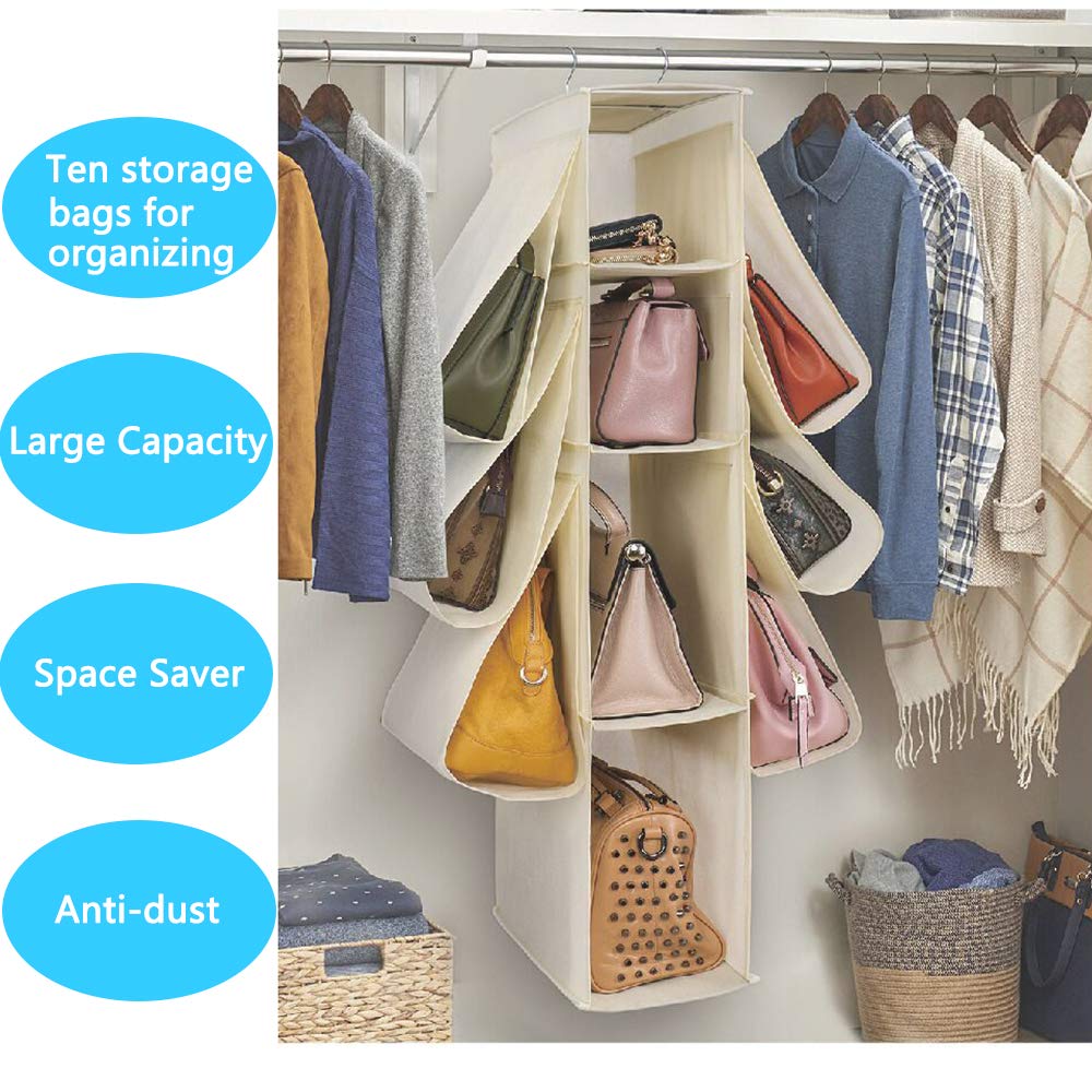 YYGJ Hanging Purse Handbag Organizer Homewares Nonwoven 10 Pockets Hanging Closet Storage Bag (Beige)