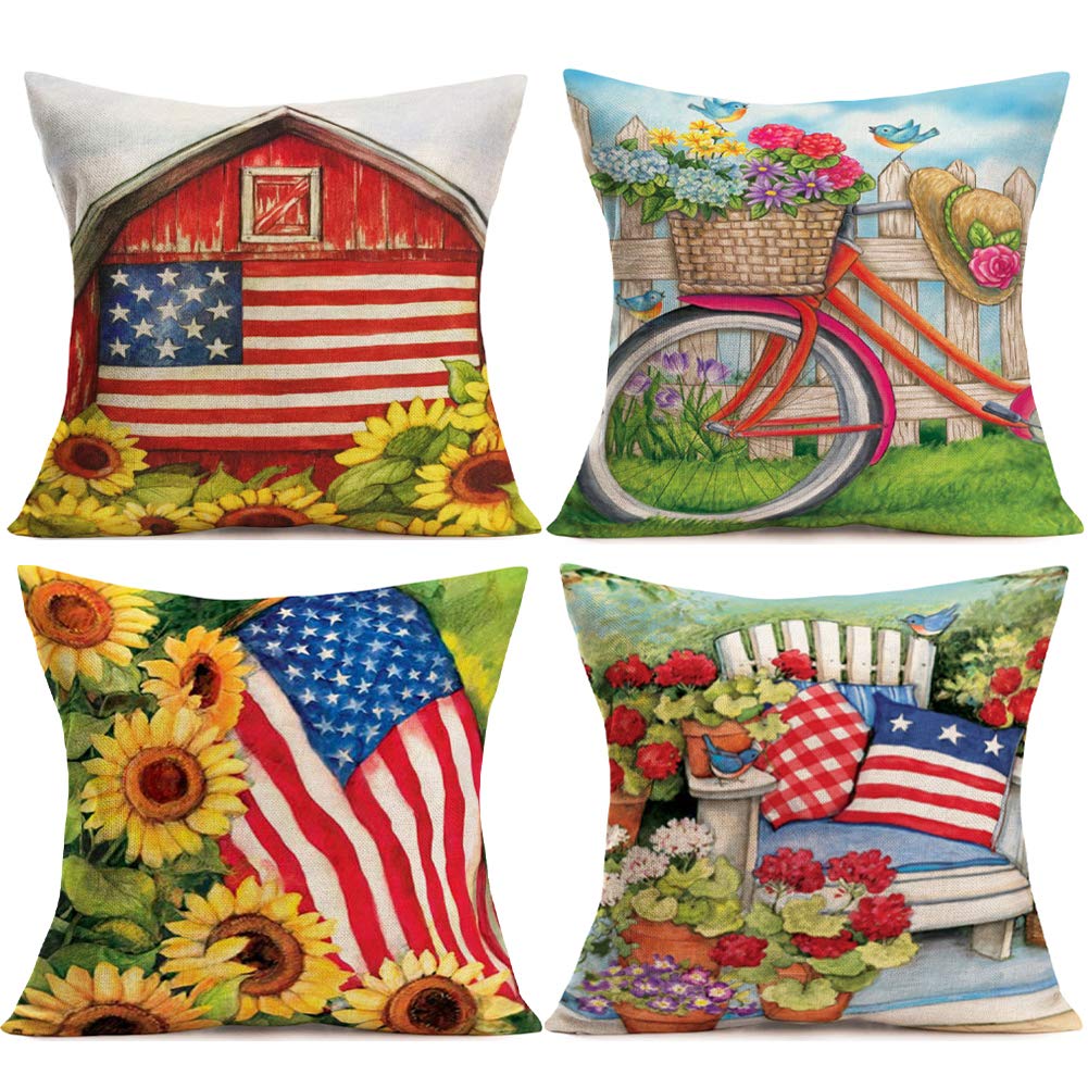 YANGYULU Pillow Covers Garden Sunflowers Blooming Flowers Decorative Cotton Linen Patriotic American Flag Cotton Linen Pillow Case Decor Independence Day Gift for Home 18"x18"4PCS(Sunflower Blooming)
