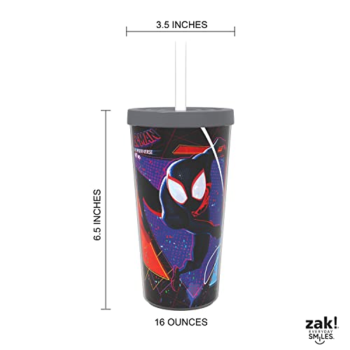 Zak Designs Marvel Spider-Man Across the Spider-Verse Movie Plastic Tumbler with Splash-Proof Lid and Straw, Durable Double-Wall Insulated Travel Cup Fits in Car Drink Holders (16oz, Non-BPA)