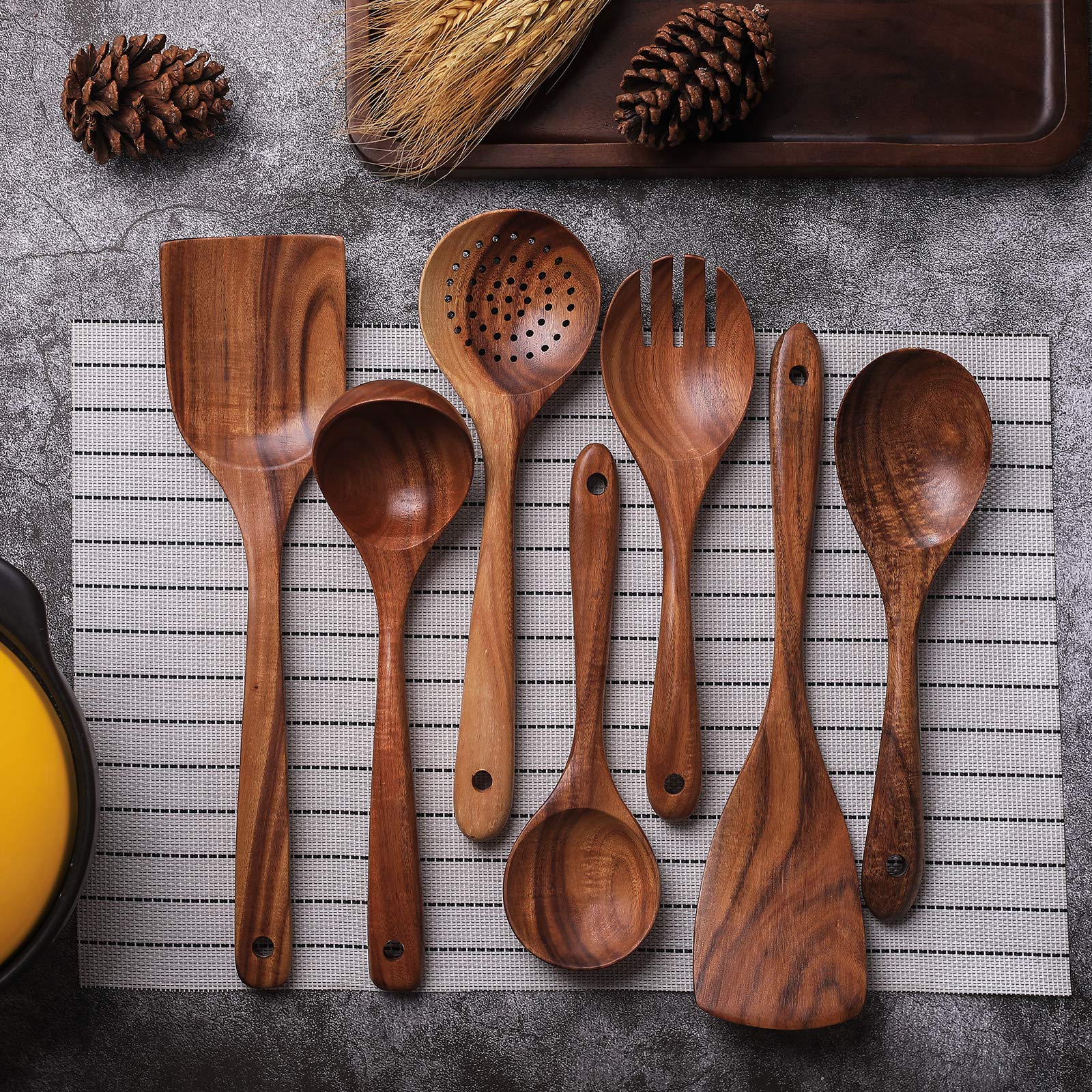 Wooden Non-Stick Kitchen Pan Toolset 7 Pieces Set,100% Natural Teak Kitchen Utensils Spatula, Wooden Cooking Utensils Spoons, Fried Spatula and Salad Fork