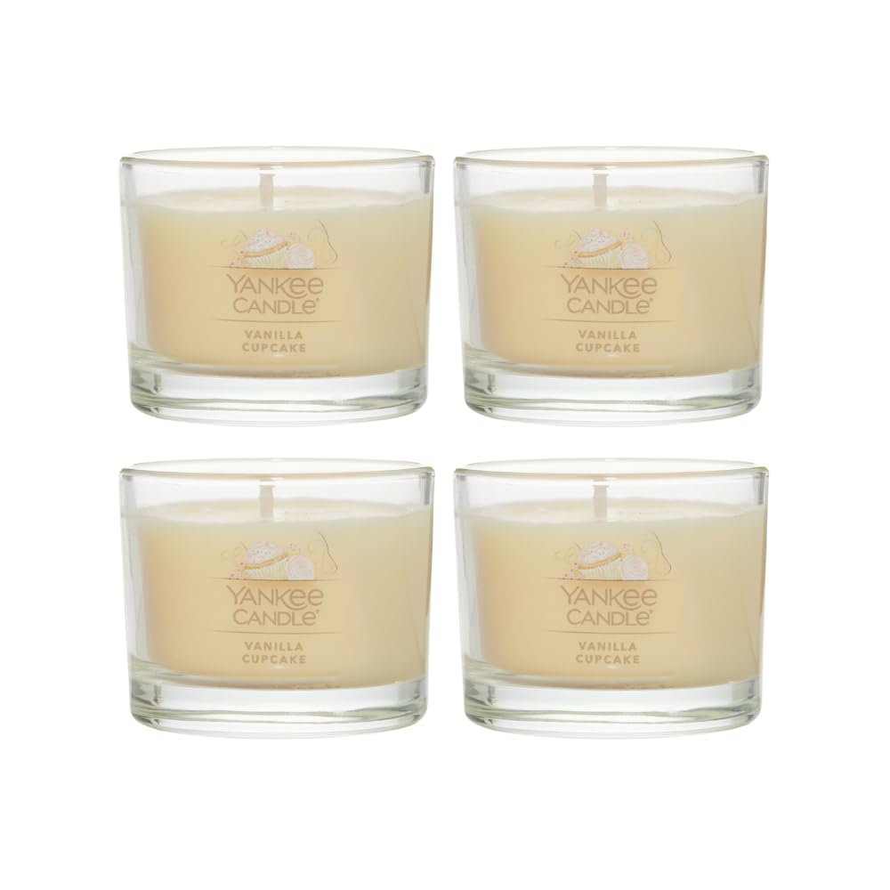 Yankee Candle Signature Votive Mini Candle Jar, Vanilla Cupcake Scent, Natural Soy Wax Blend Candle with Natural Fiber Wick, 1.3 OZ Glass Jar (Pack of 4)