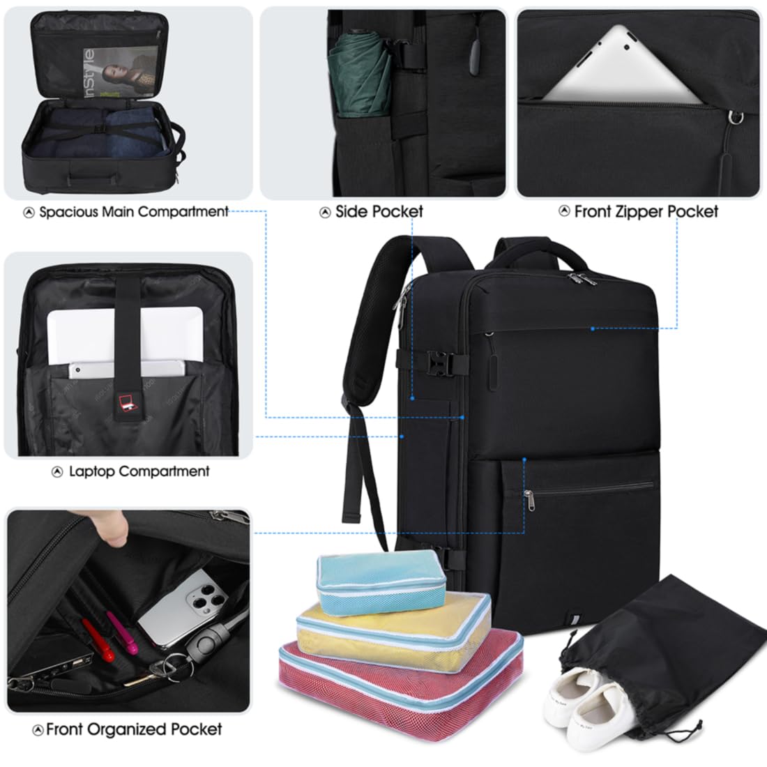 Travel Backpack for Men Women 17 Inch Flight Approved Carry on Backpack Waterproof 40L Laptop Backpack Luggage Daypack Business School Computer Weekender Overnight Backpack with Packing Cubes, Black