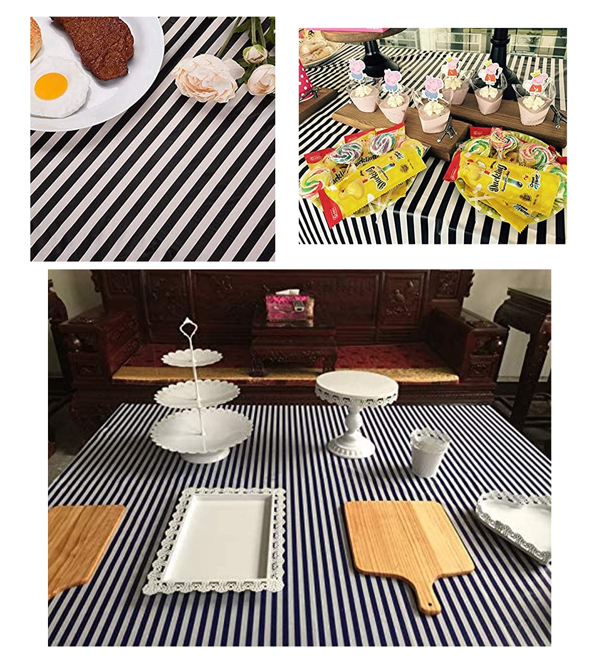 Yansanido 2pcs Plastic Picnic Party Tablecloth,Plastic Picnic Tablecloth 54''x108'' Rectangle Kitchen Picnic Wedding Birthday Party Table Covers Best (Black White Stripe, 2)