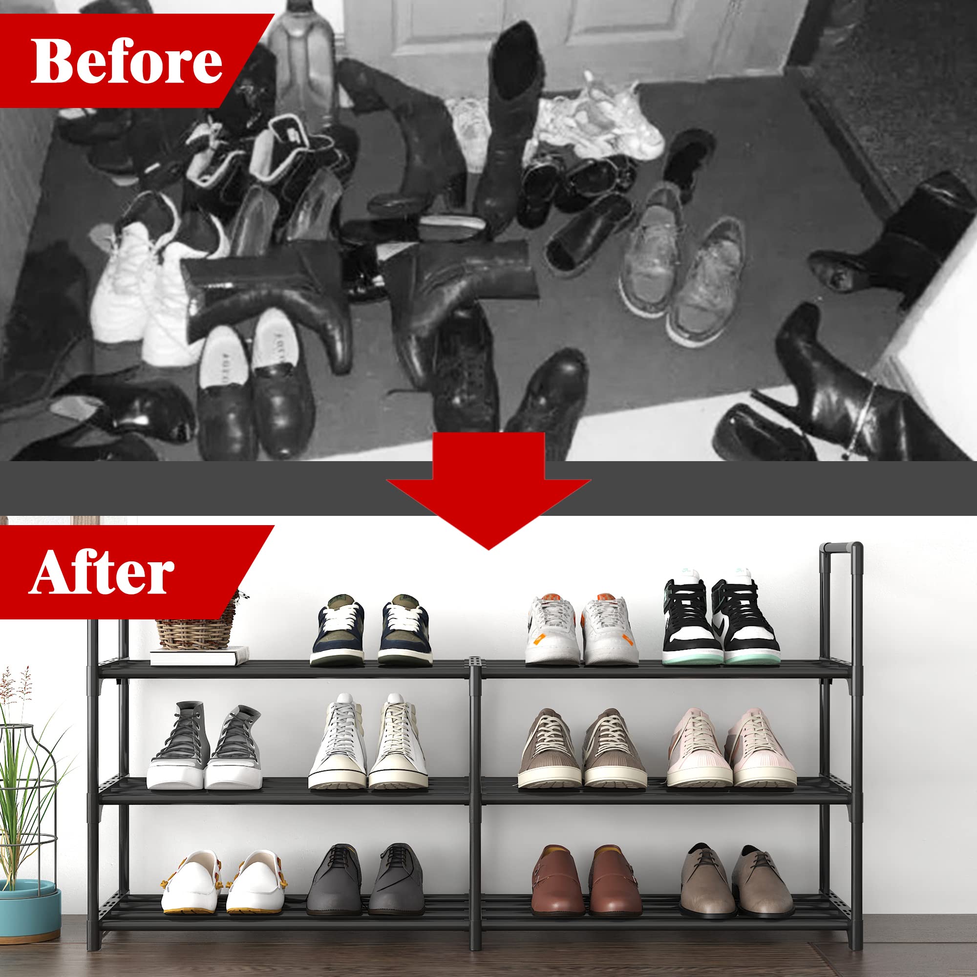Thoustars 3-Tier Stackable Shoe Rack, Metal Shoe Shelf, 12 to 15 Pairs Shoes, Stackable Shoe Tower for Living Room,Closet, Entryway, Hallway, (Black)