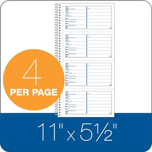 TOPS Spiral Petty Cash Receipt Book, 2-Part, Carbonless, 4 Messages per Page, 200 Sets per Book (4109)