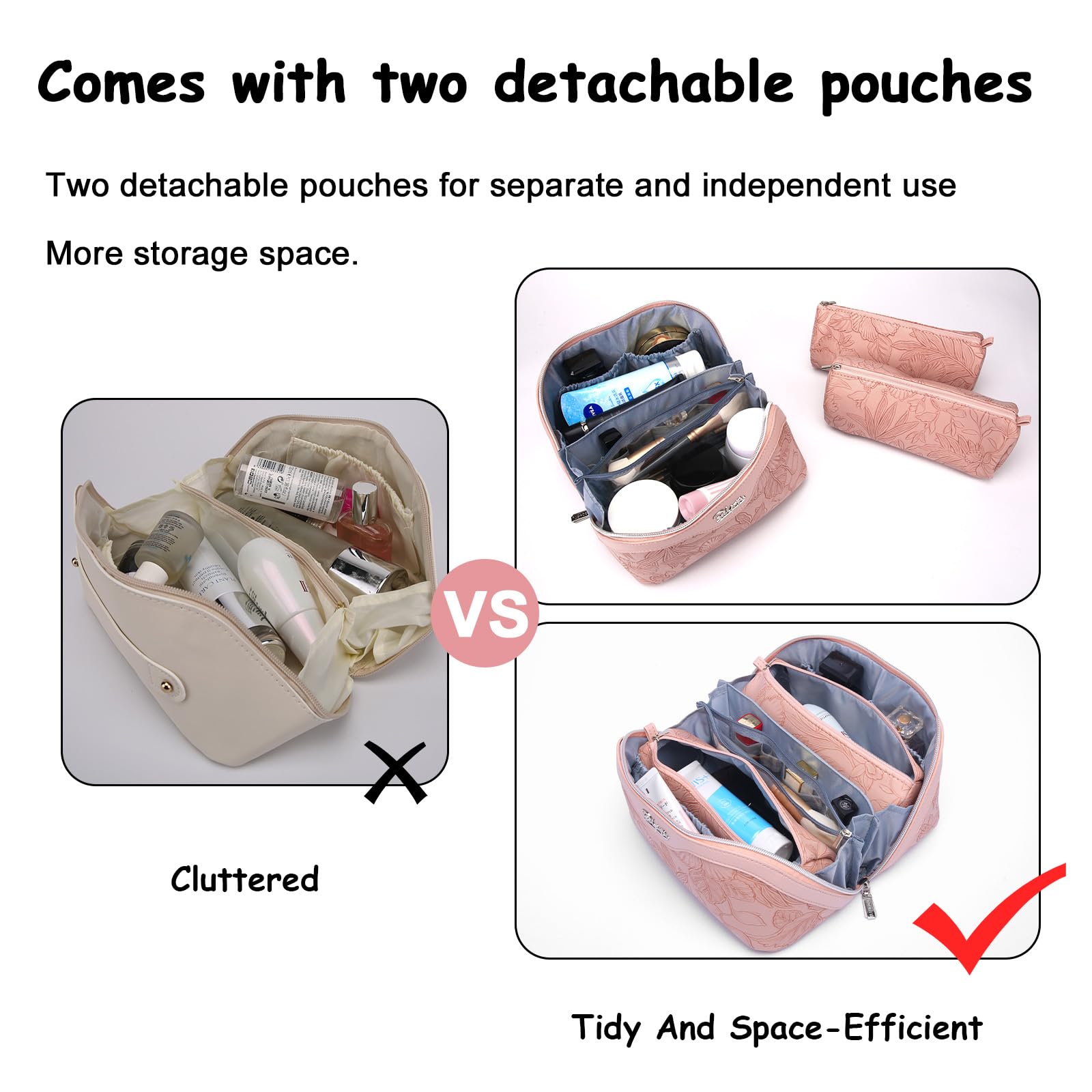 Travel Makeup Bags Cosmetic Organizer Bag: 3-Set Large Capacity Make up Bag - PU Leather Toiletry Bag for Women - Wide Open Portable Pouch with Divider & Handle