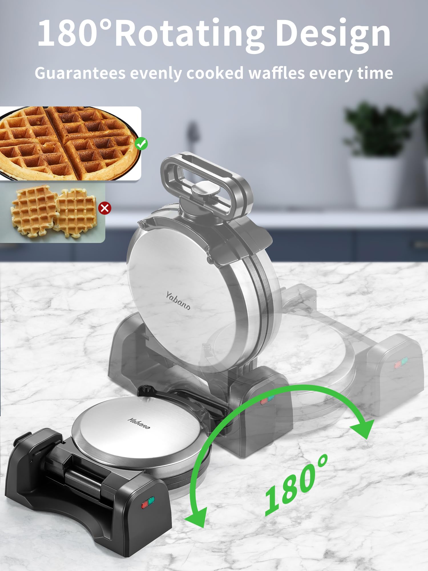 Waffle Maker, Yabano Belgian Waffle Iron with 180°Rotating Design, Non-Stick Plate, Cool Touch Handle, 1080W Fast Heating Waffle Machine for Breakfast, Snacks