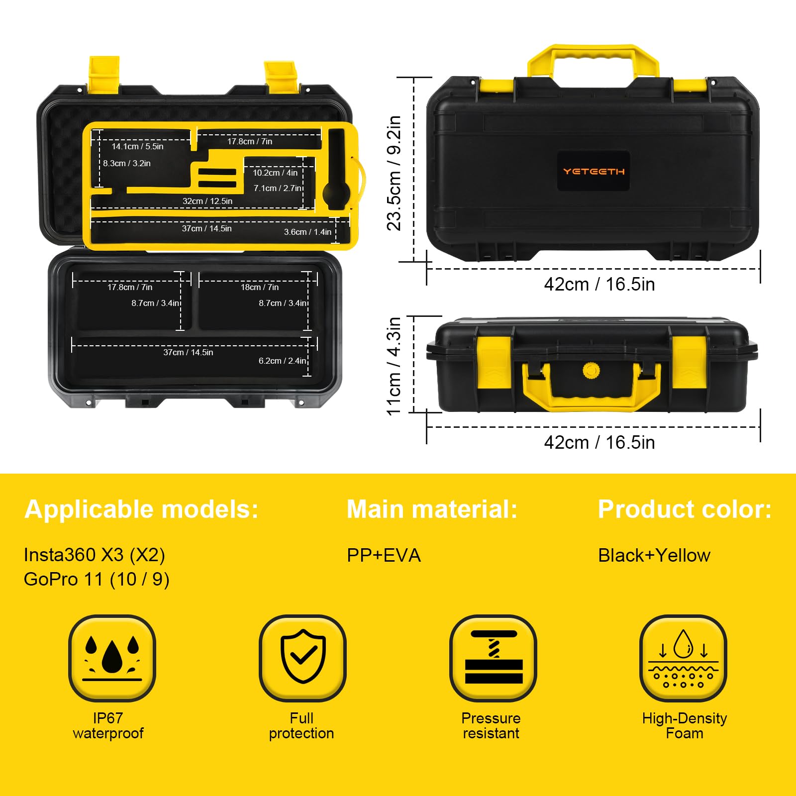 YETEETH Dual Laye Waterproof Hard Case for Insta360 X3 / Insta360 ONE X2, Carrying Case Compatible with Insta360 X3 / Insta360 ONE X2/ Go Pro Hero 11/10 / 9 Action Camera and More Accessories