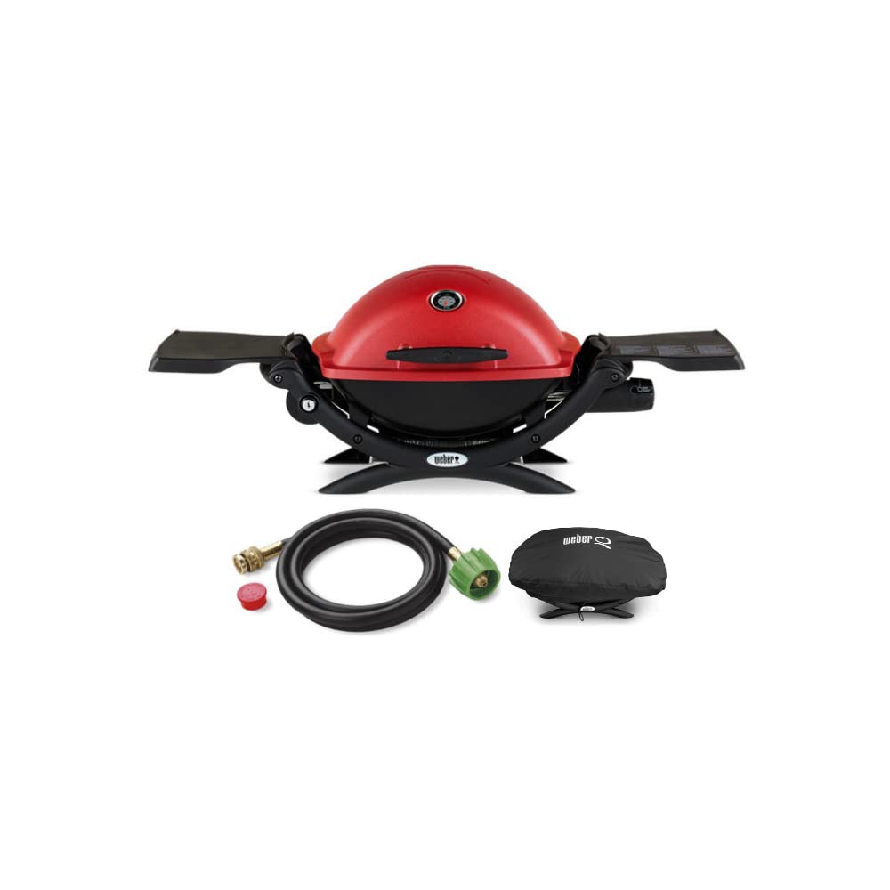 Weber Q1200 Liquid Propane Grill (Red) Bundle with Adapter Hose and Grill Cover (3 Items)