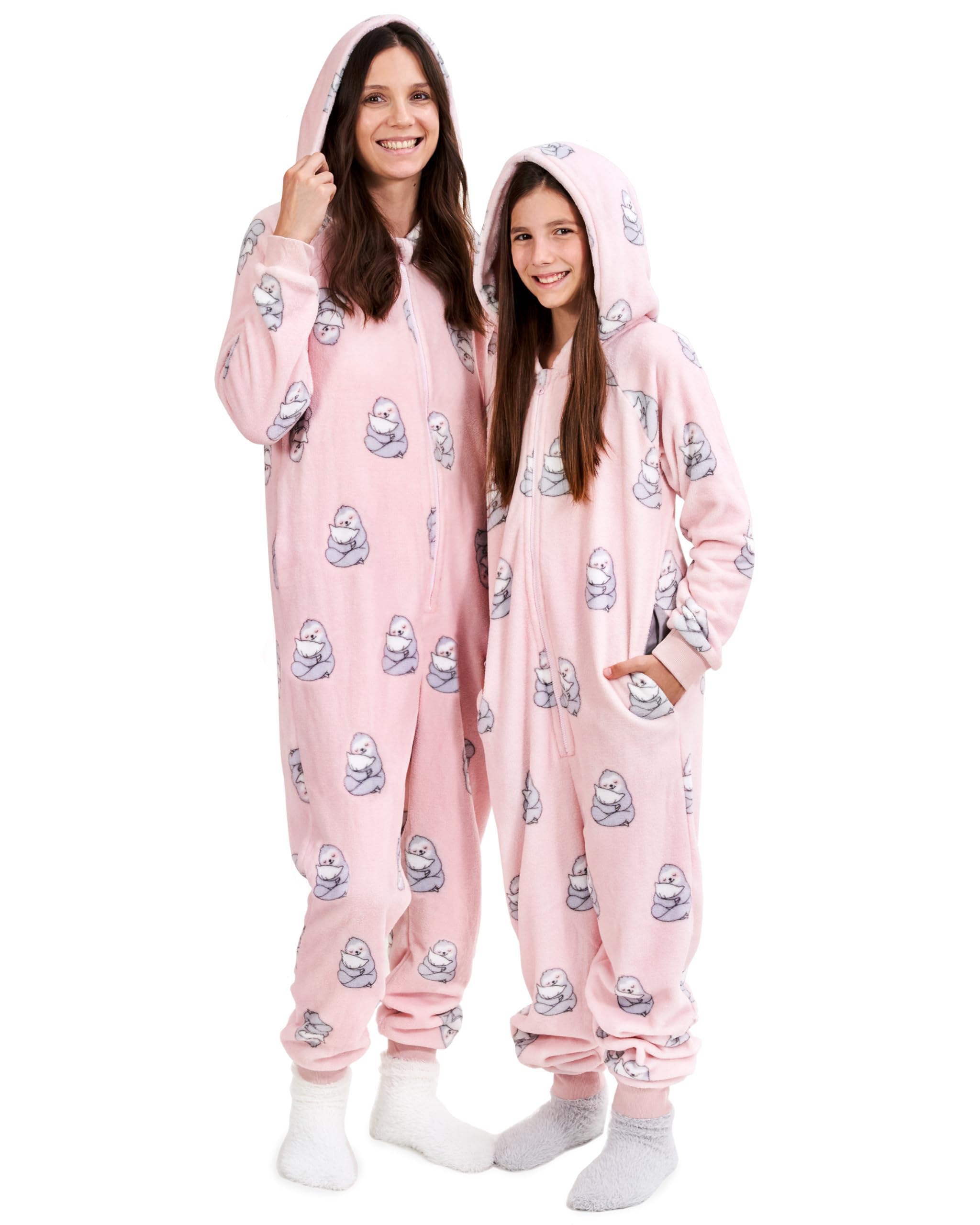 The Big Softy Adult Onesie Pajamas for Women, Cute Onesie for Women or Teens, Fleece Onesie Adult, Teen PJs (Pink Sloths, Adult - Small)