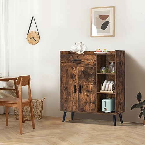 usikey Storage Cabinet, Floor Storage Cabinet with 2 Doors & 3 Shelves, Mid Century Cabinet, Accent Cabinet for Living Room, Entryway, Office, Rustic Brown