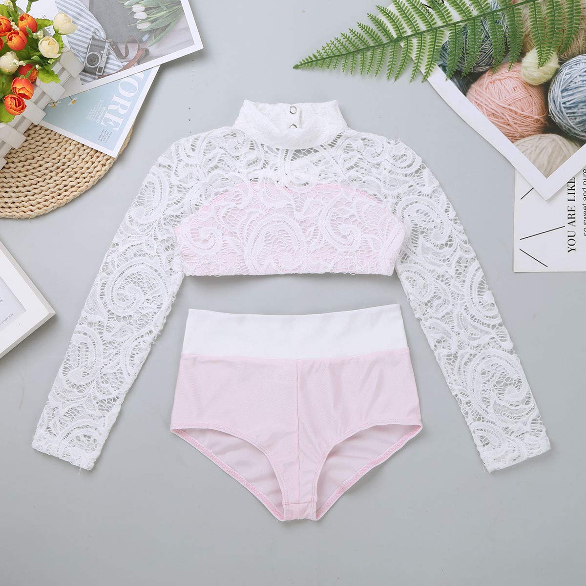 Yeahdor Girls Kids 2 Pieces Athletic Dance Outfits Long Sleeve Top with High Waisted Shorts for Dancing Workout Gymnastics White &Pink 7-8