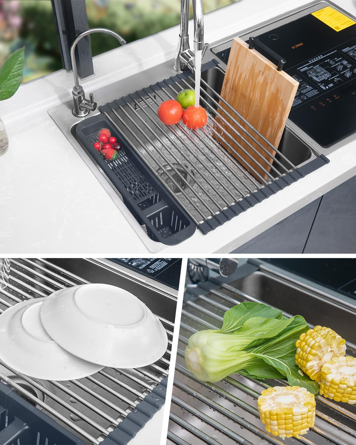 TREANY Expandable Roll Up Dish Drying Rack with Utensil Holder,Over The Sink Dish Drainer,304 Stainless Steel,Multipurpose,Best Gadget for Many Kitchen Task (14.5'' x 22.3'', Black)