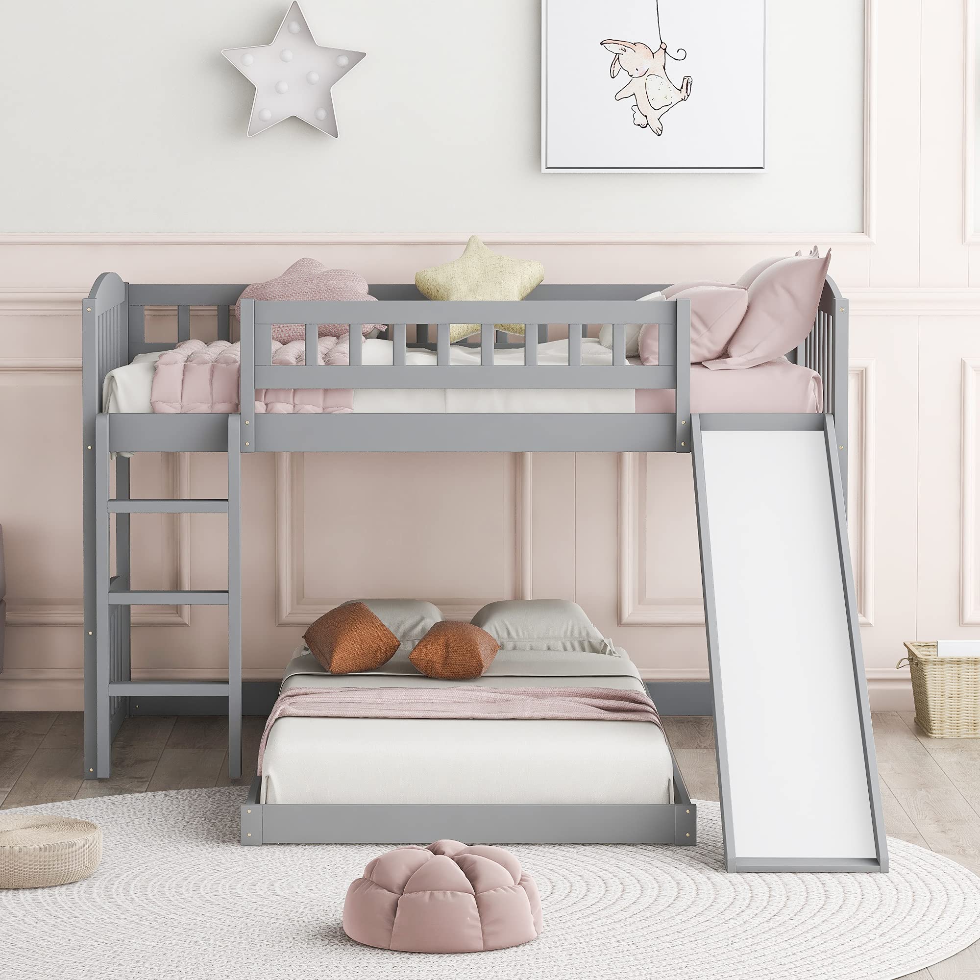 Tensun Low Bunk Bed Twin Over Twin, Wood Floor Bunk Bed with Slide and Ladder, L-Shape Bunk Bed for Bedrooms,Dorms,Kids,Toddlers,No Box Spring Needed,Easy to Assemble,Grey