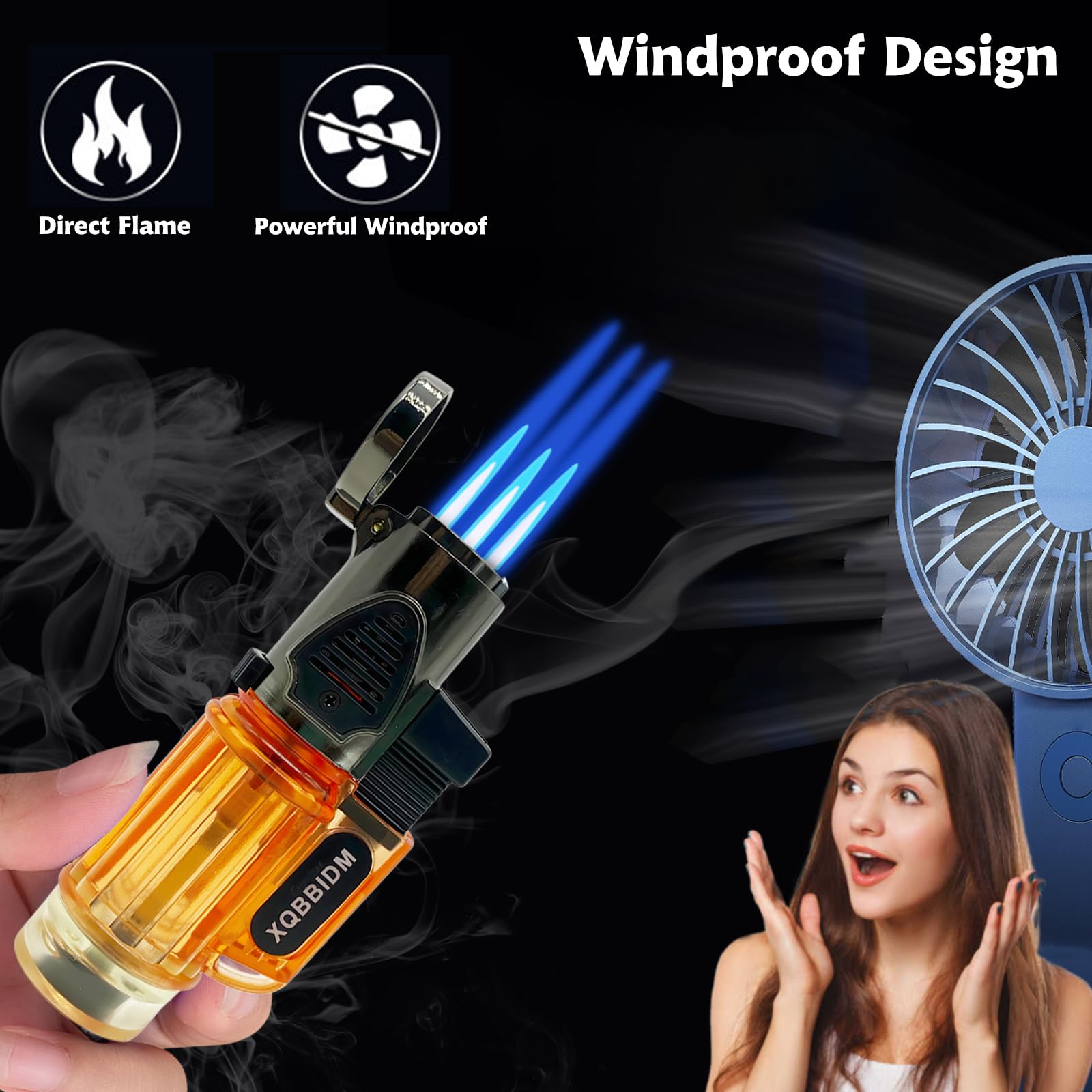 Torch Lighter, 3 Pack Jet Triple Flame Butane Lighters, Adjustable Windproof Flame Lighter with Transparent Fuel Window & Flame Fixed Lock, Portable Torch Lighters for Candle Camping (without Butane)