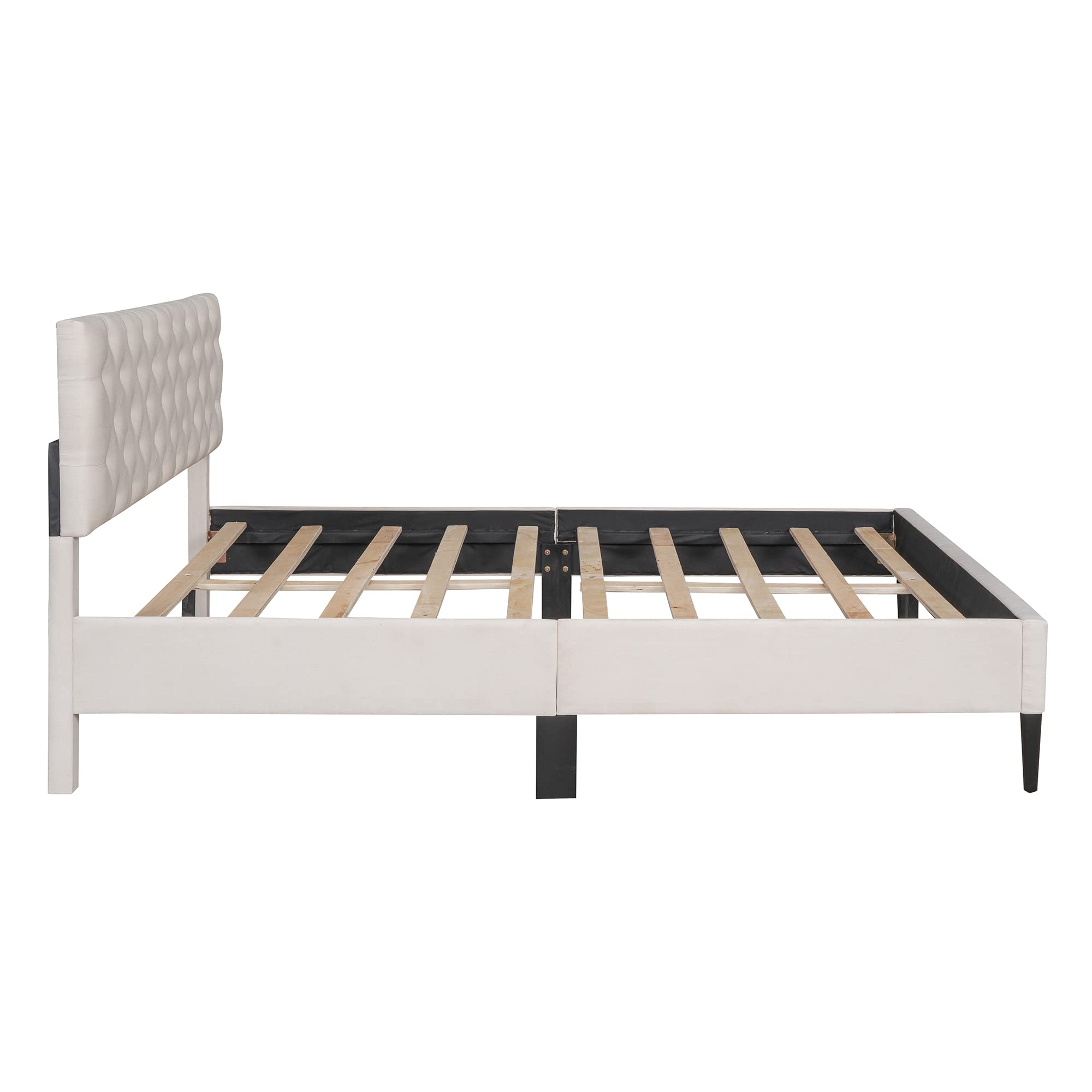 Yehha Queen Size Upholstered Platform Bed Frame, Wooden Low Bed Frame w/Diamond Stitched Button Tufted Headboard, Wooden Slats Support, No Box Spring Needed, Beige