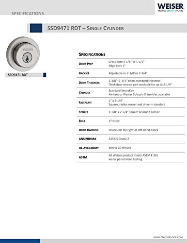 Weiser (Kwikset Hardware Family) Single Cylinder Deadbolt, Metropolitan Boutique, SmartKey, 6 Way Latch, Model SSD9471 26 SMT RDT B 6LS2R2