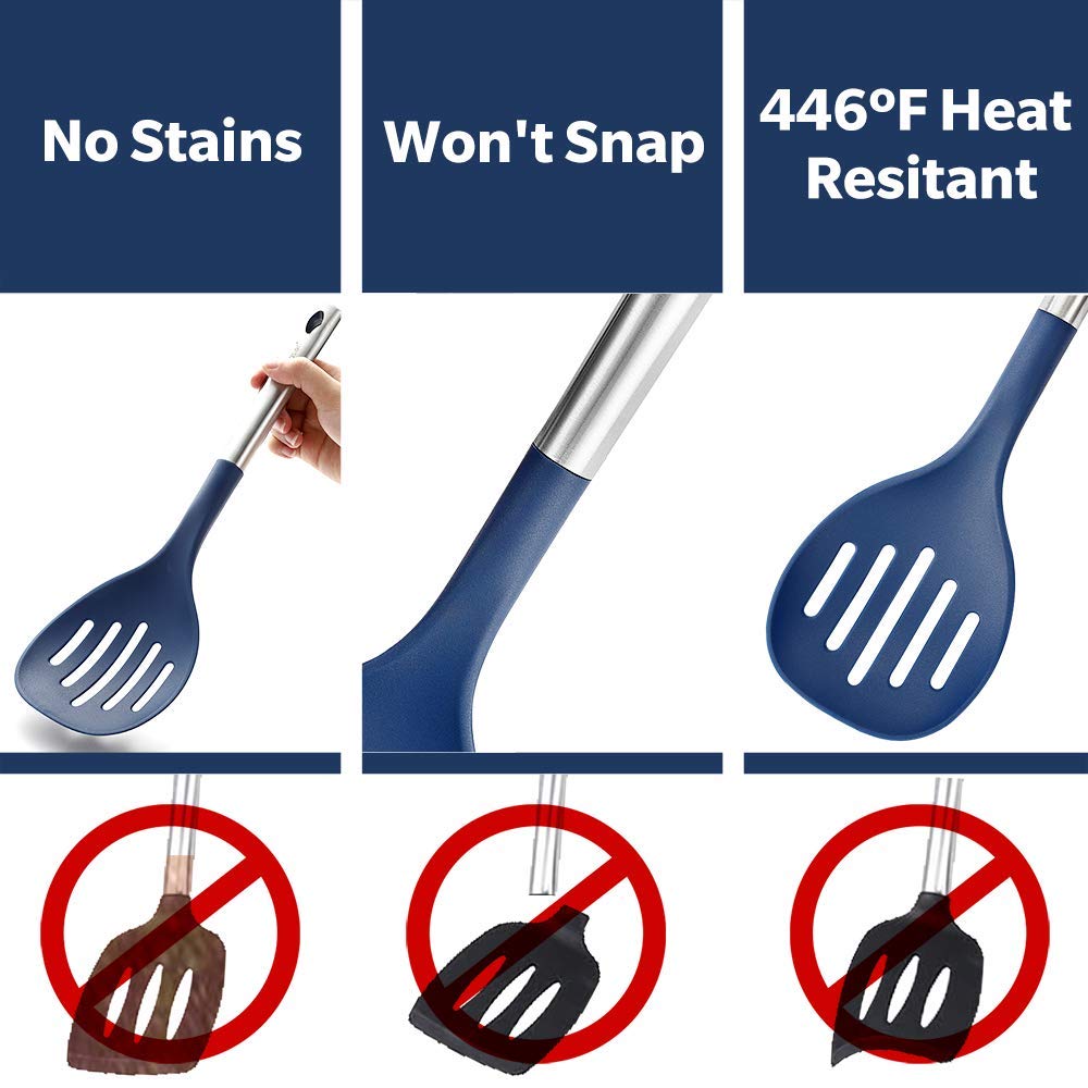 Wanbasion Large Navy Blue Kitchen Utensils Set Stainless Steel, Heat Resistant Kitchen Cooking Utensils, Nylon Kitchen Cooking Utensils Set for Nonstick Cookware