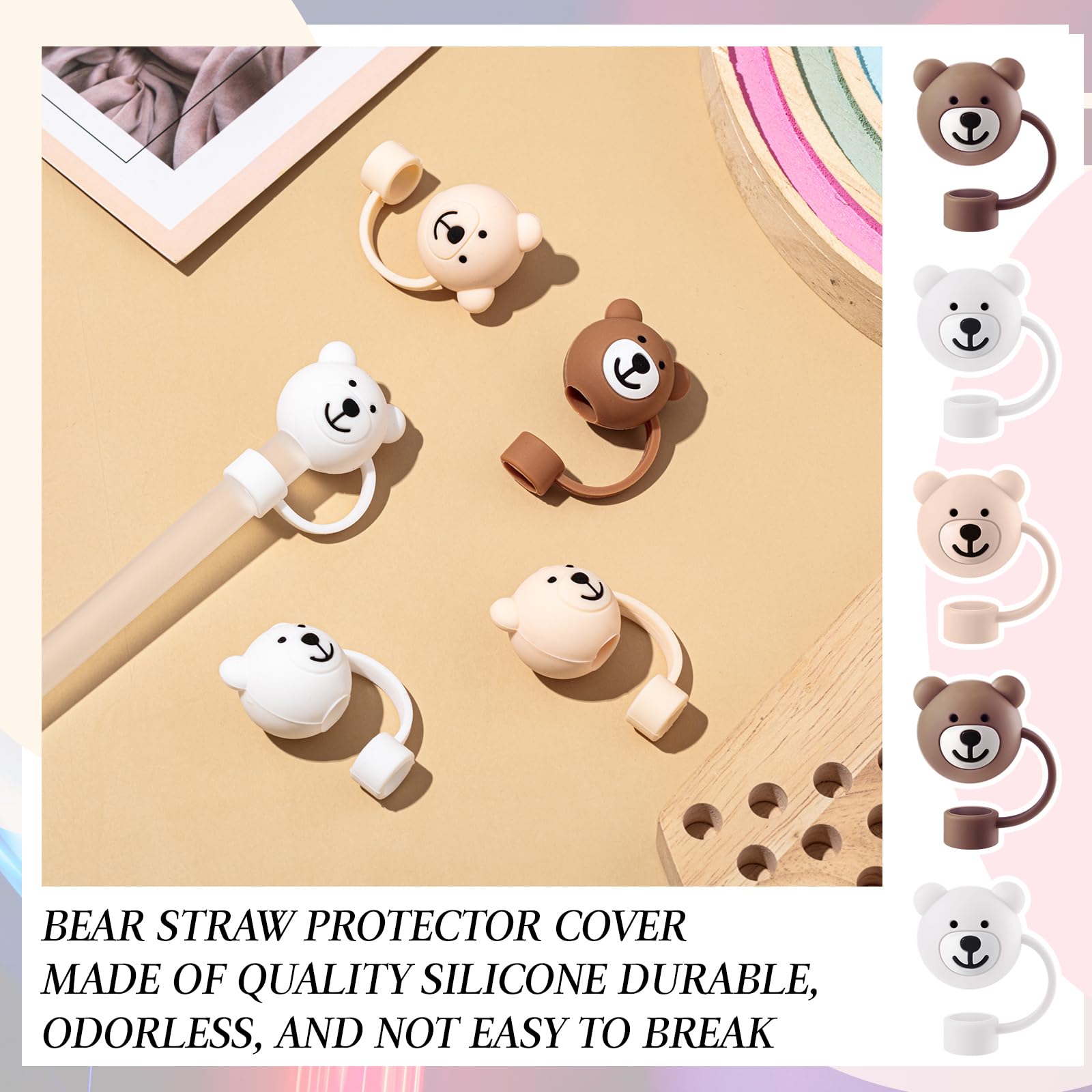 Zhehao 9 Pcs Bear Straw Protector Cover Cute Straw Covers Cap Compatible with Stanley 20 30 40 oz Silicone Straw Covers Cute Straw Covers Tumbler Straw Topper, 3 Colors