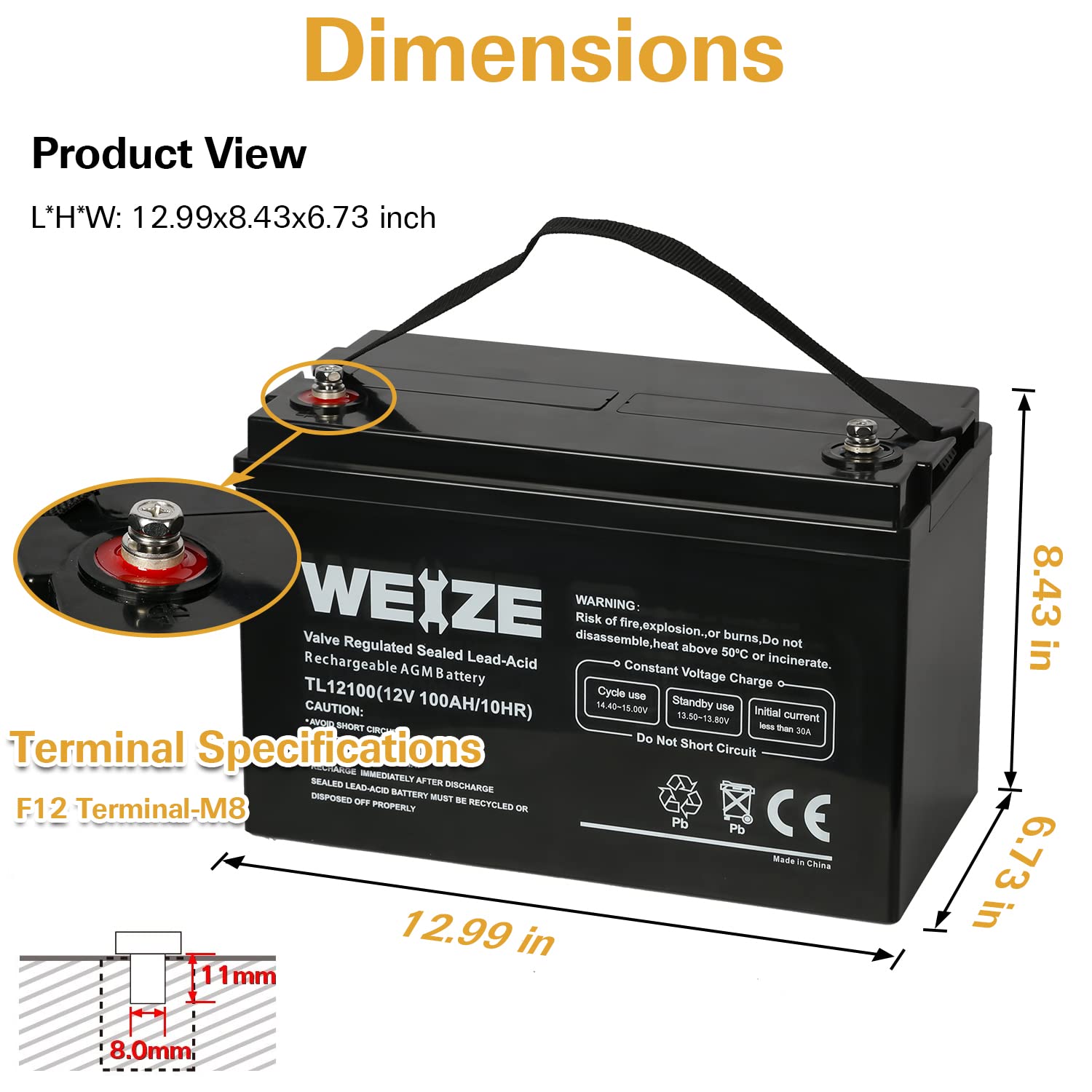 Weize Deep Cycle AGM 12 Volt 100Ah Battery, Maintenance-Free, 3% Self-Discharge Rate, 1150A Max Discharge Current, Perfect for RV, Solar, Trolling Motor, Wind, Marine, Camping and Off-Grid System