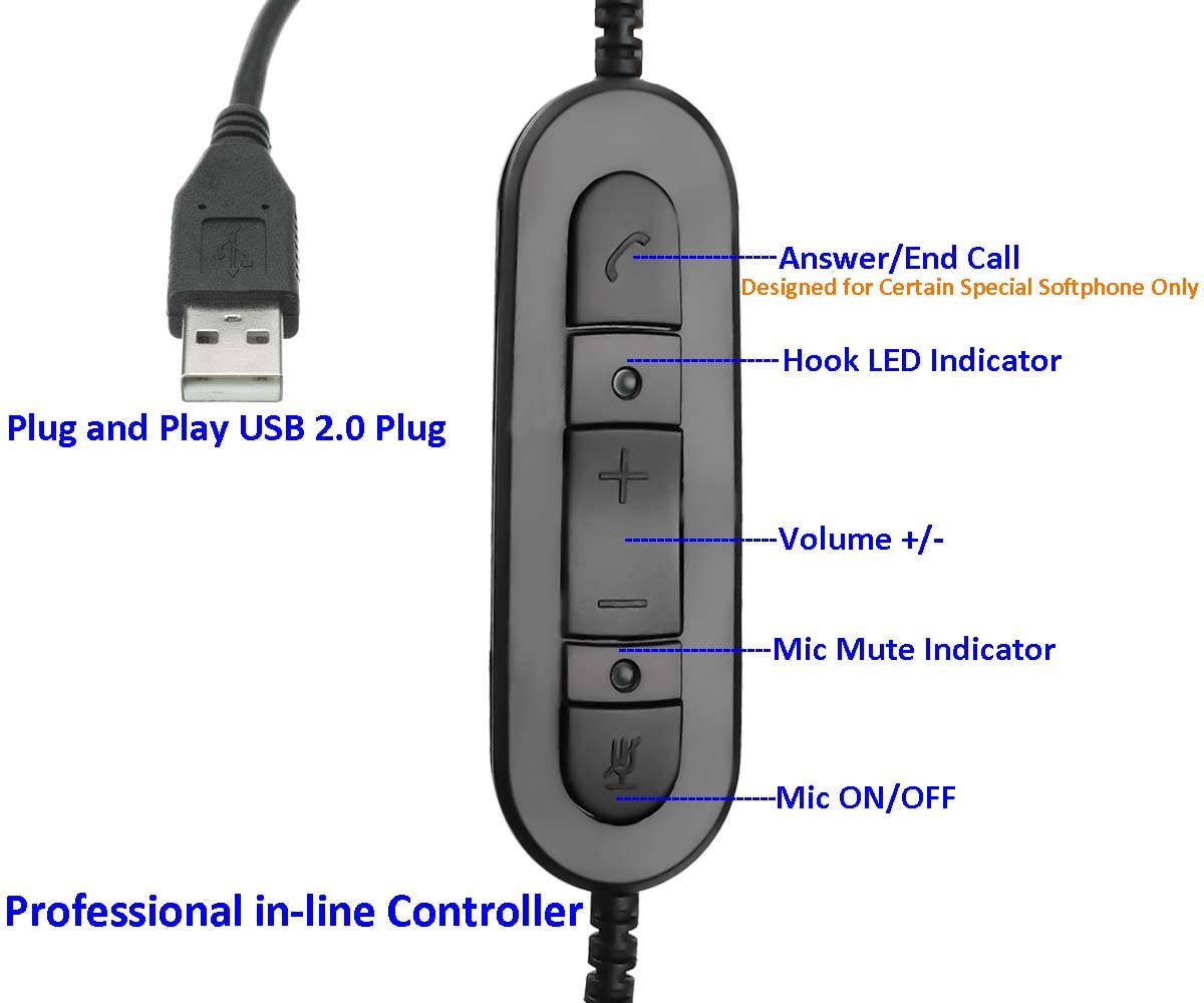 USB Headset with Microphone Noise Cancelling for PC, Computer Laptop Headphone with Mic In-Line Control for Office Softphones Teams Business Skype Zoom Conference Calls Online Course Voice Recognition