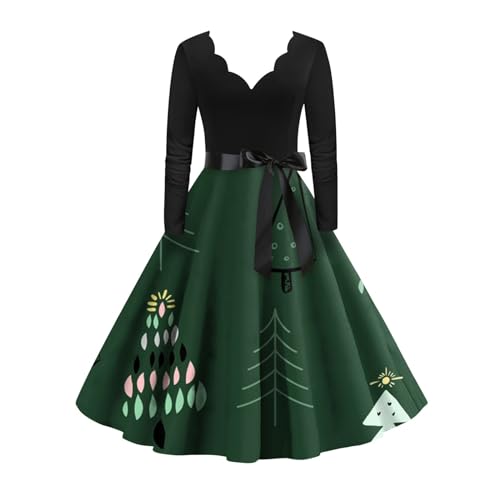 UQRZAU Christmas Dresses for Women, Winter Dresses Casual Fashion Printed Vintage Long Sleeve Dress Women Light Blue Dress Vestidos Casuales Para Mujer Dresses 2024 Dress Blouses (L, Green)