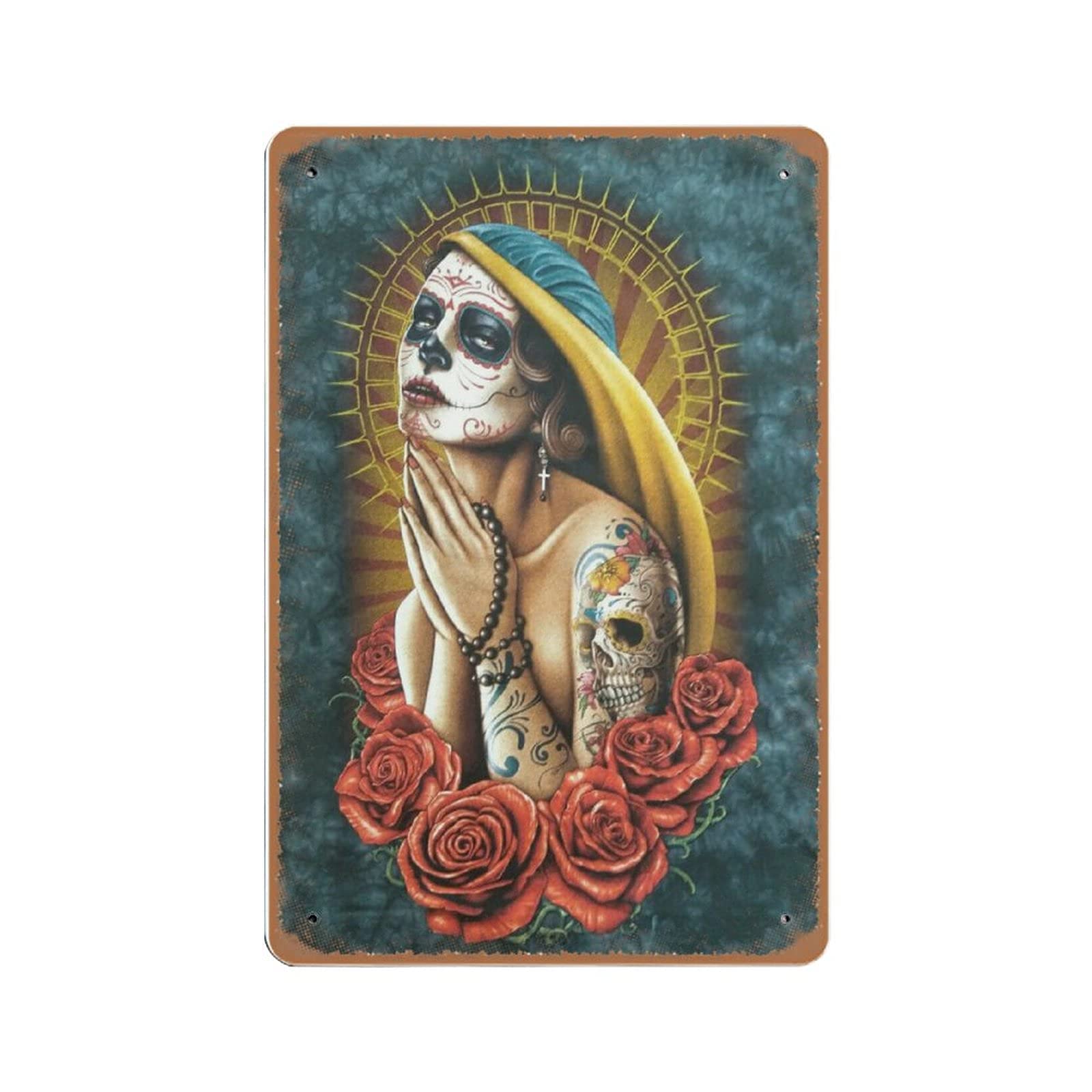 WZVZGZ Vintage Wall Poster Metal Plaque Mexican Day of The Dead Themed Tattoo Lady Festival Art Metal Sign Home Decor Wall Art Decoration for Garage Bar Restaurant Kitchen Cafe Pub 8x12 Inch