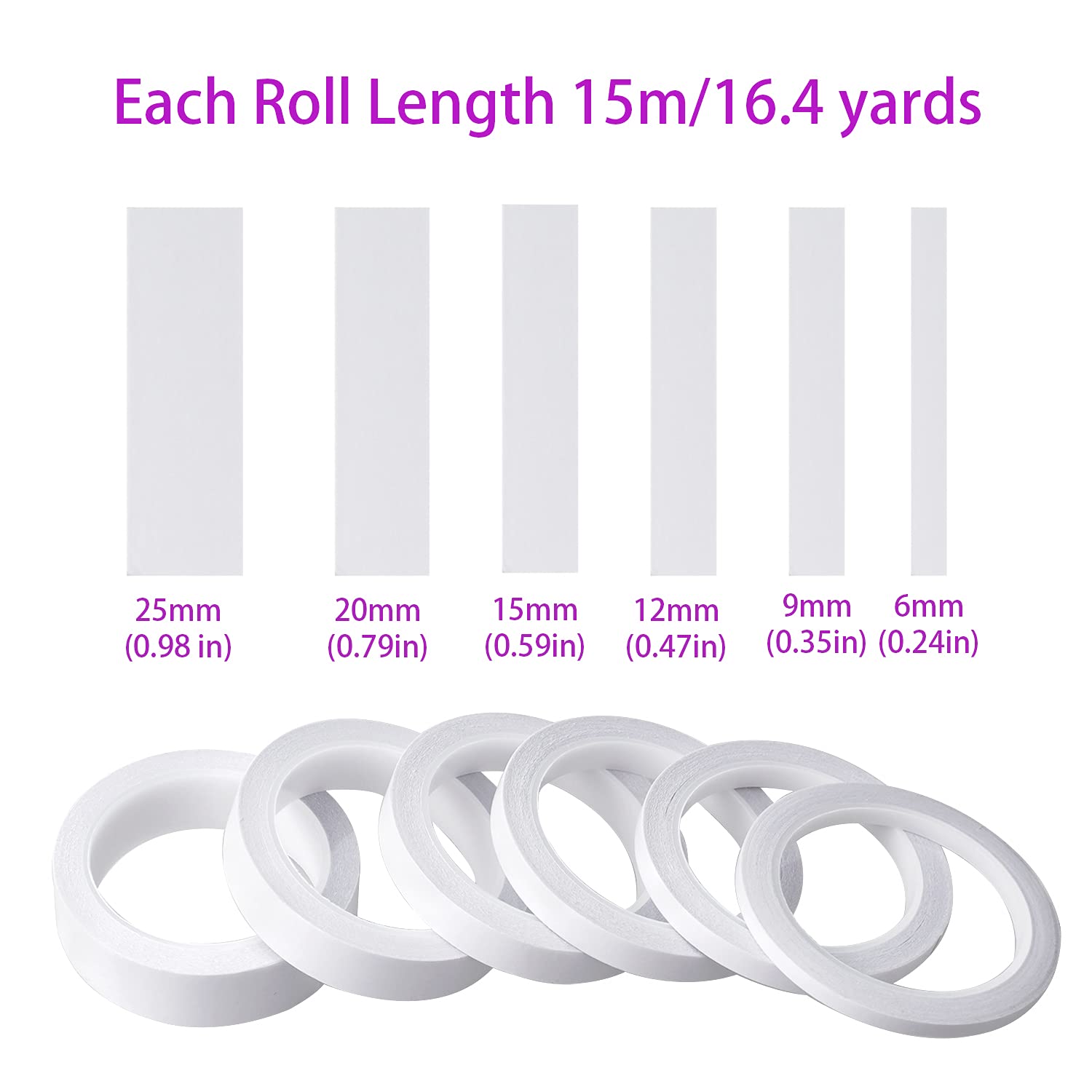 WeLiu Double-Sided Tape for Arts, Crafts, Photography, Scrapbooking, 8 Rolls Tear-by-Hand, Paper Backing(Width: 6mm/ 9mm/ 12mm/ 15mm/20mm/25mm)